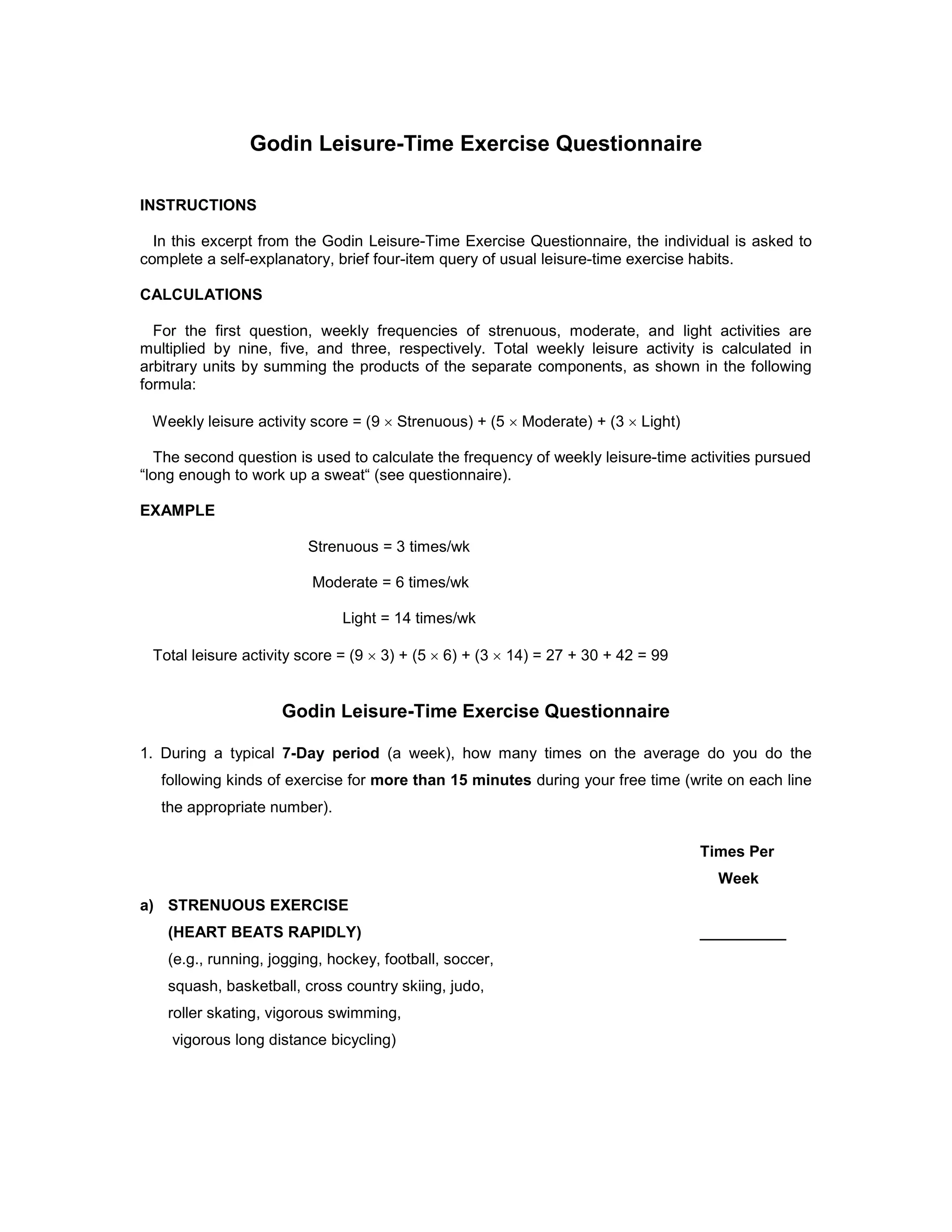 Godin Leisure-Time Exercise Questionnaire | PDF