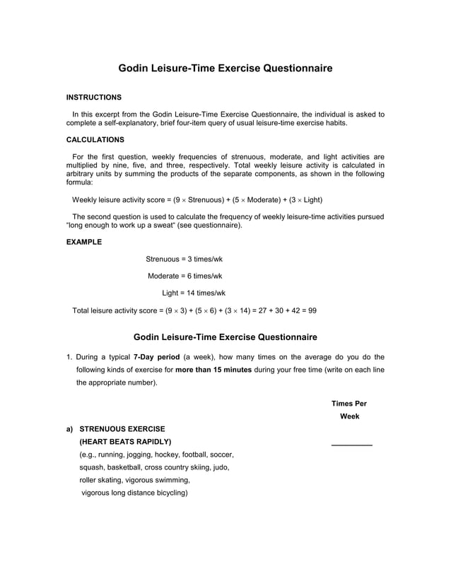 Godin Leisure-Time Exercise Questionnaire | PDF | Fitness and Exercise | Healthy Living
