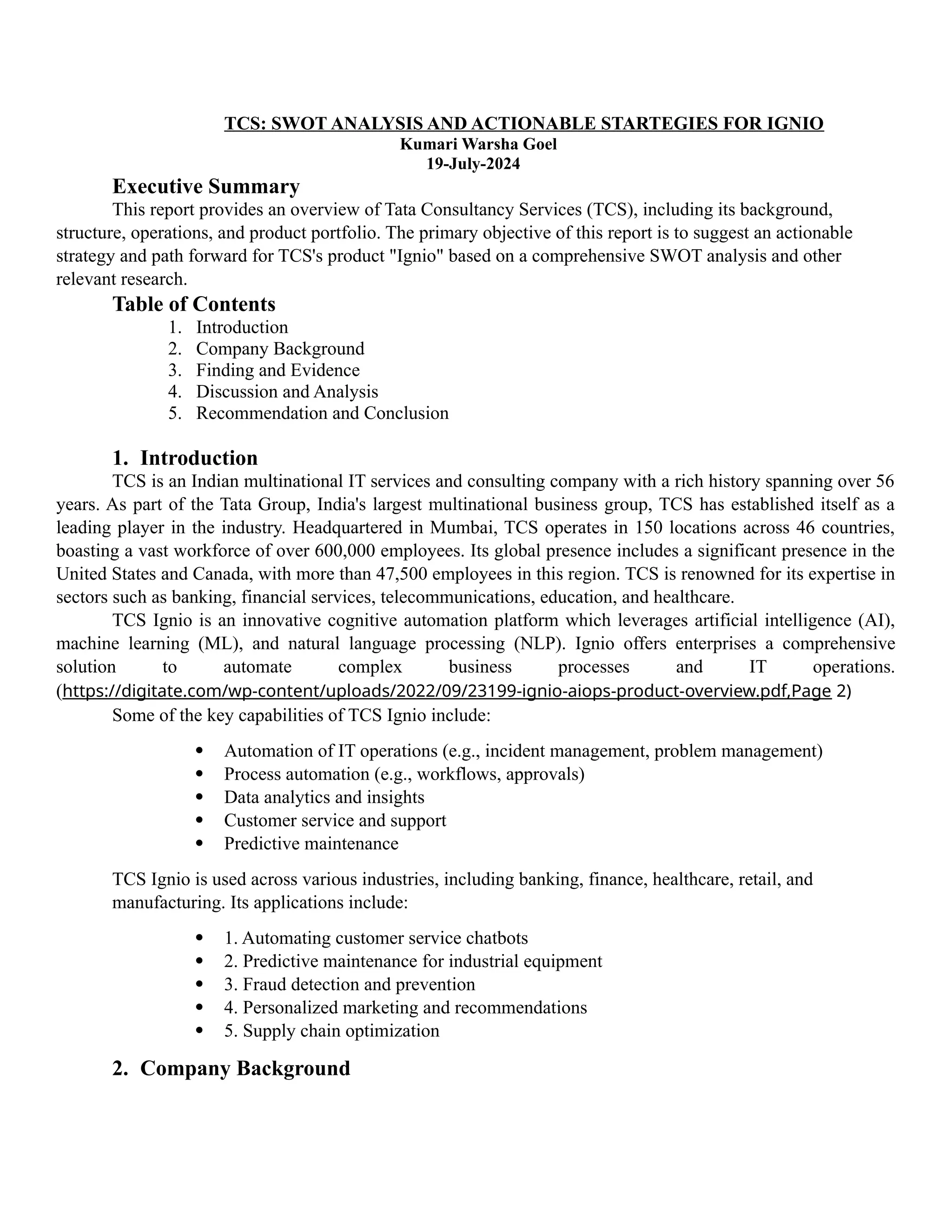 Tata Communication Service Case Study by Kumari Warsha Goel | DOCX