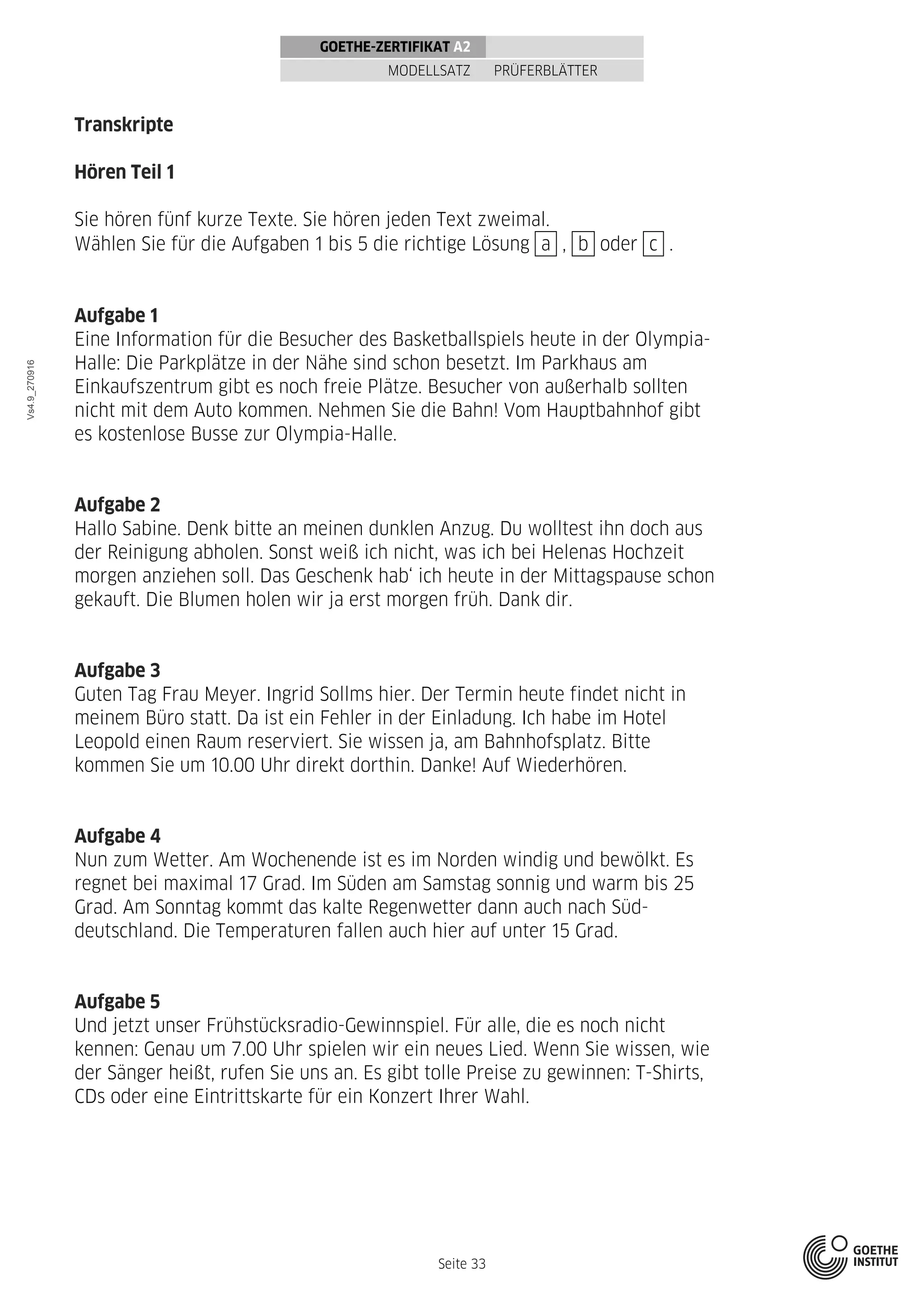 Goethe zertifikat a2-modellsatz_erwachsene | PDF