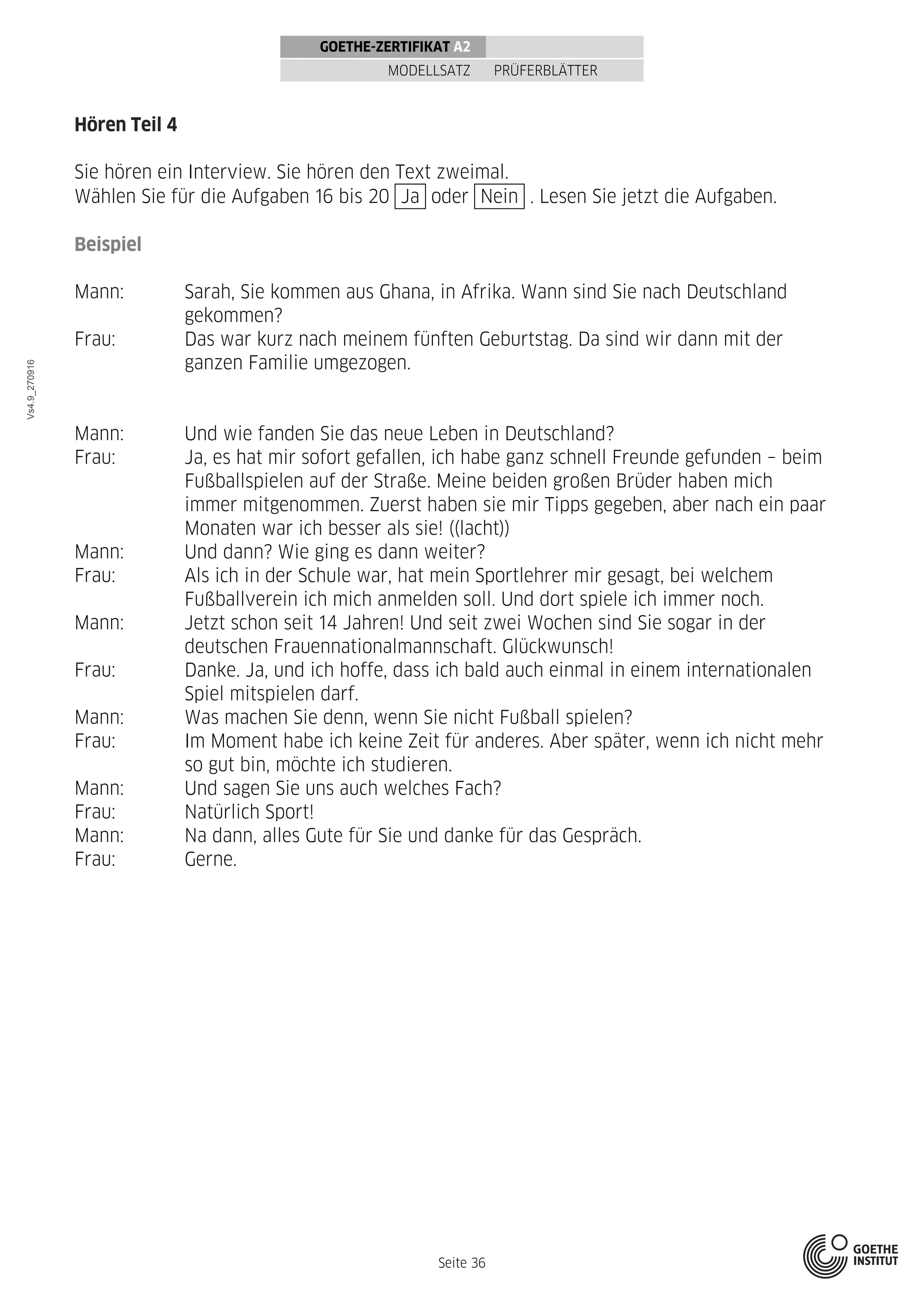 Goethe zertifikat a2-modellsatz_erwachsene | PDF