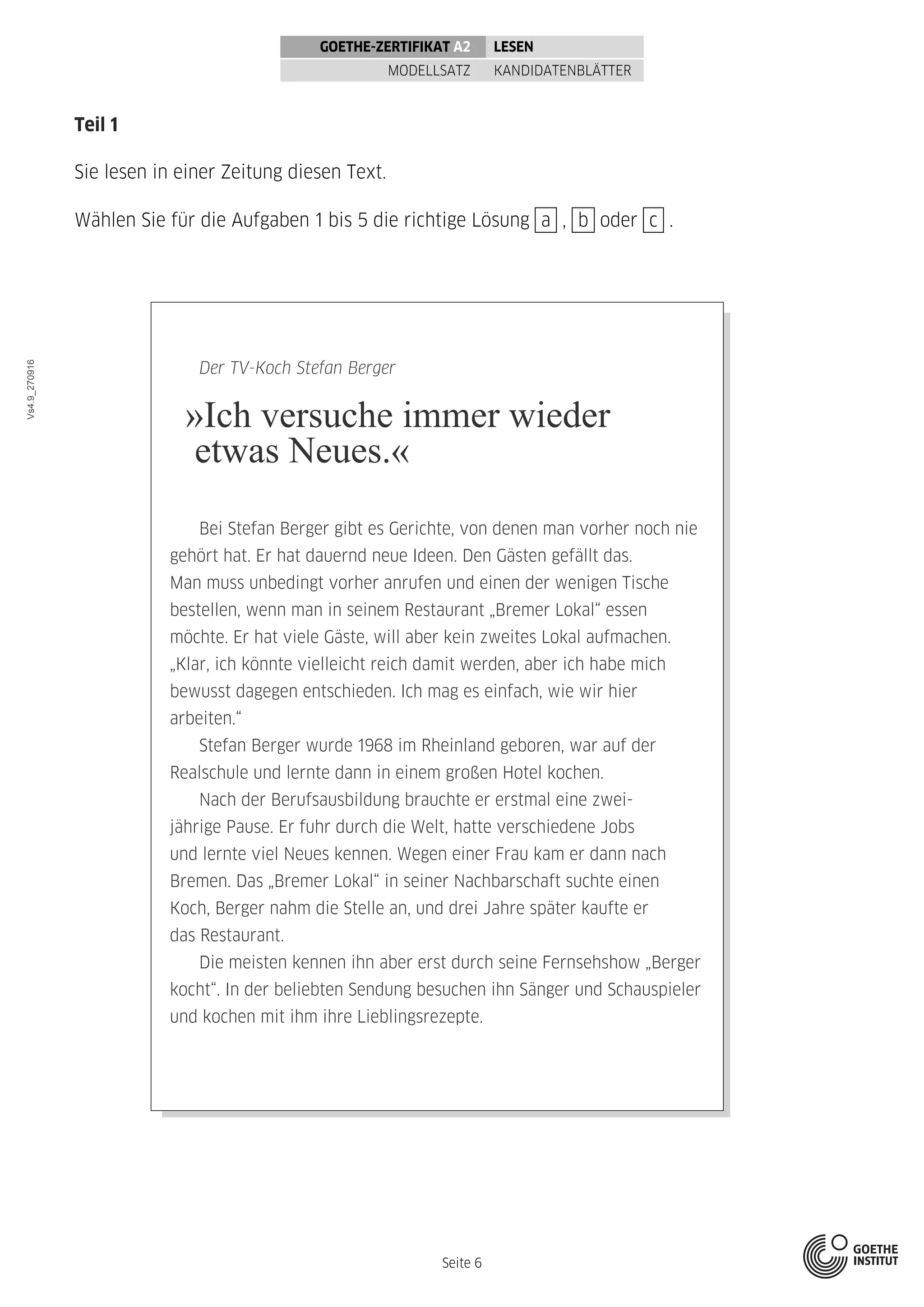 Goethe zertifikat a2-modellsatz_erwachsene | PDF