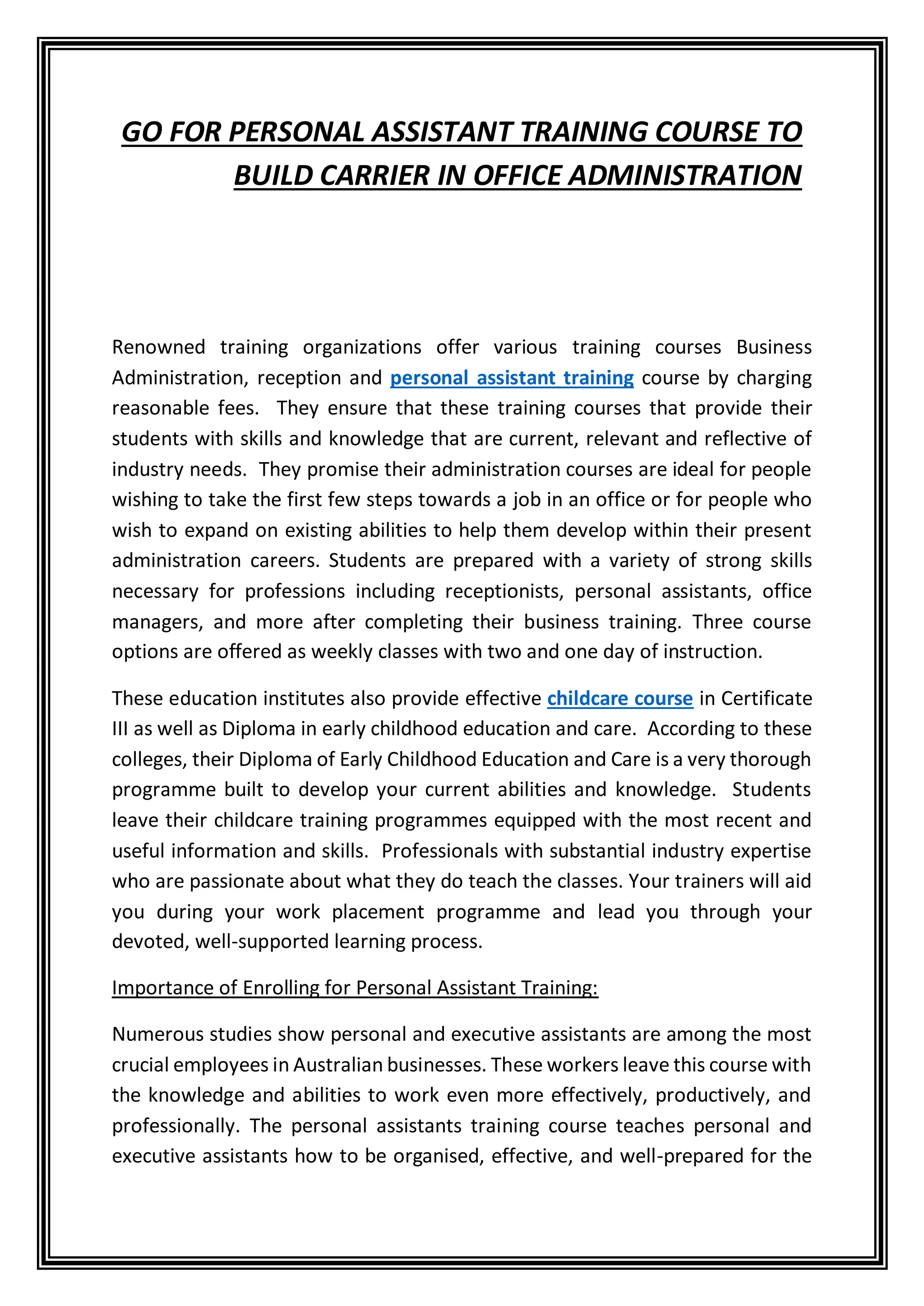 GO FOR PERSONAL ASSISTANT TRAINING COURSE TO BUILD CARRIER IN OFFICE ...