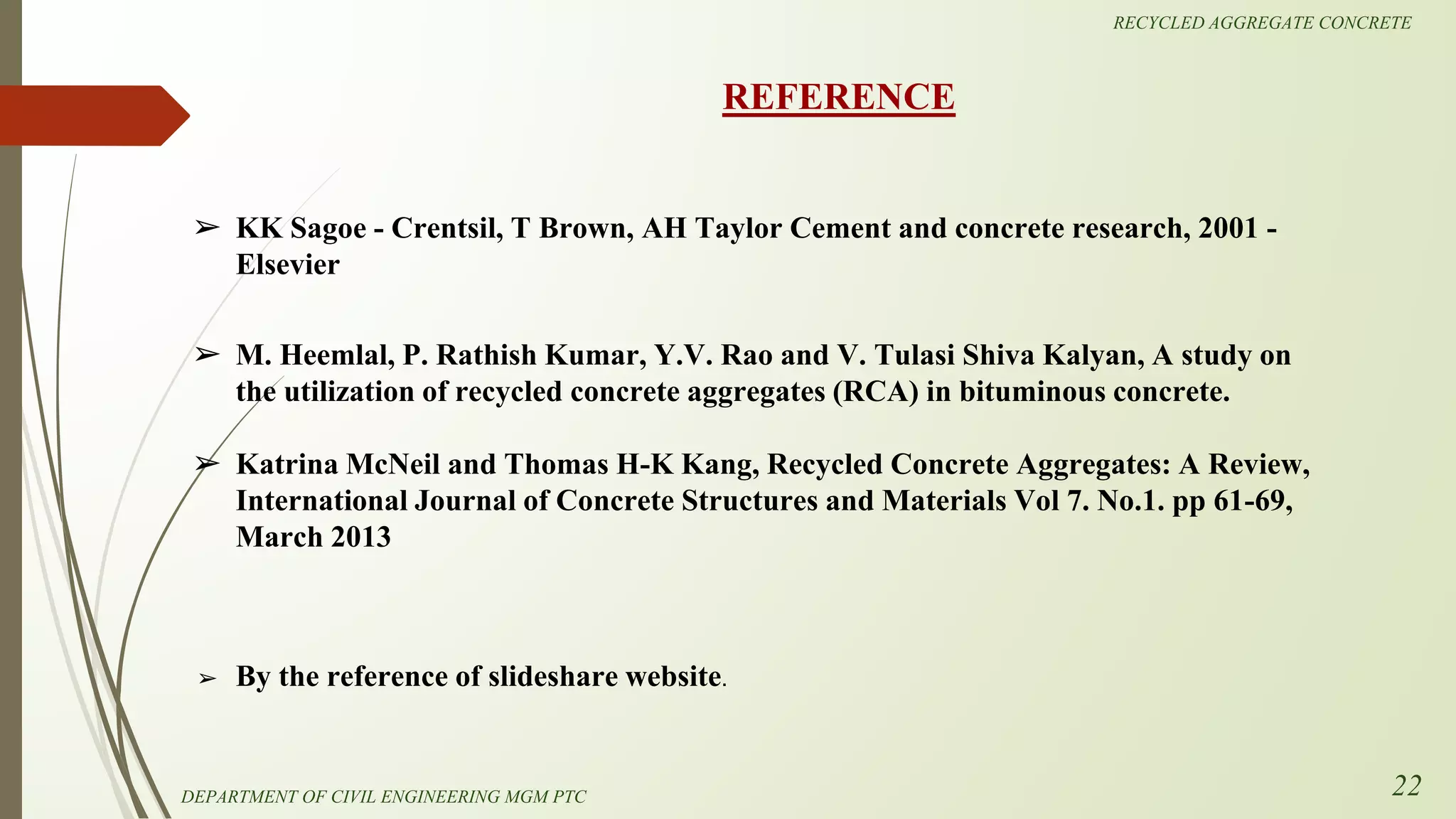 RECYCLED AGGREGATE CONCRETE / SLIDE SHARE / PPTX | PPTX