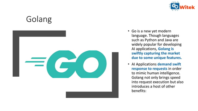 Golang for Artificial Intelligence | PPTX | Programming Languages | Computing