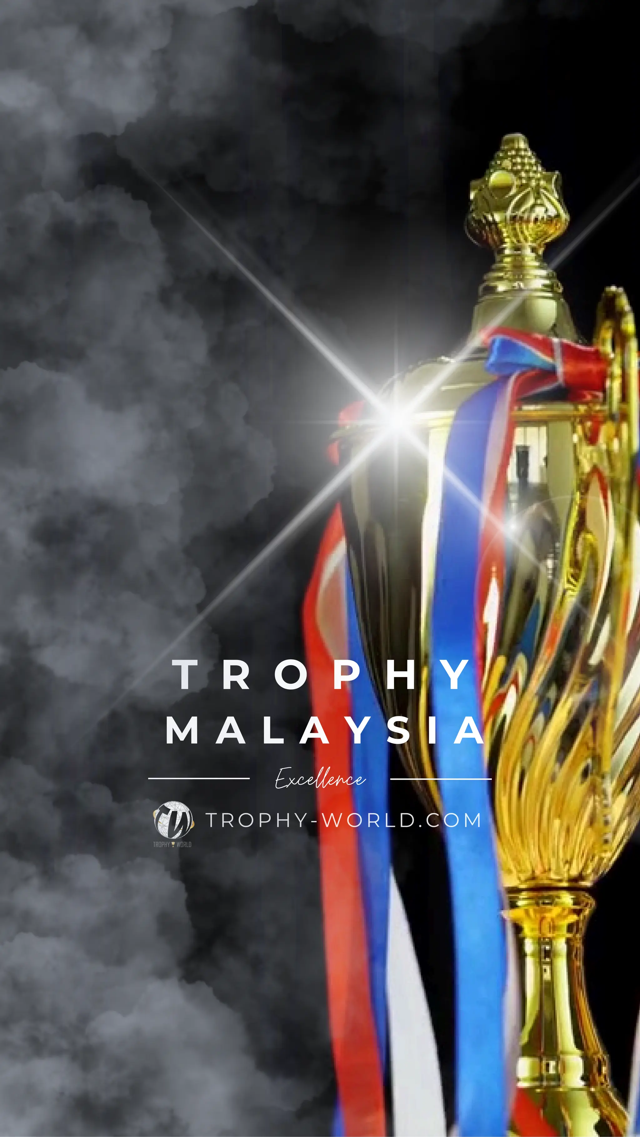 Golden Championship Trophy with blue red white ribbon at Trophy-World Malaysia | Custom Trophies ...