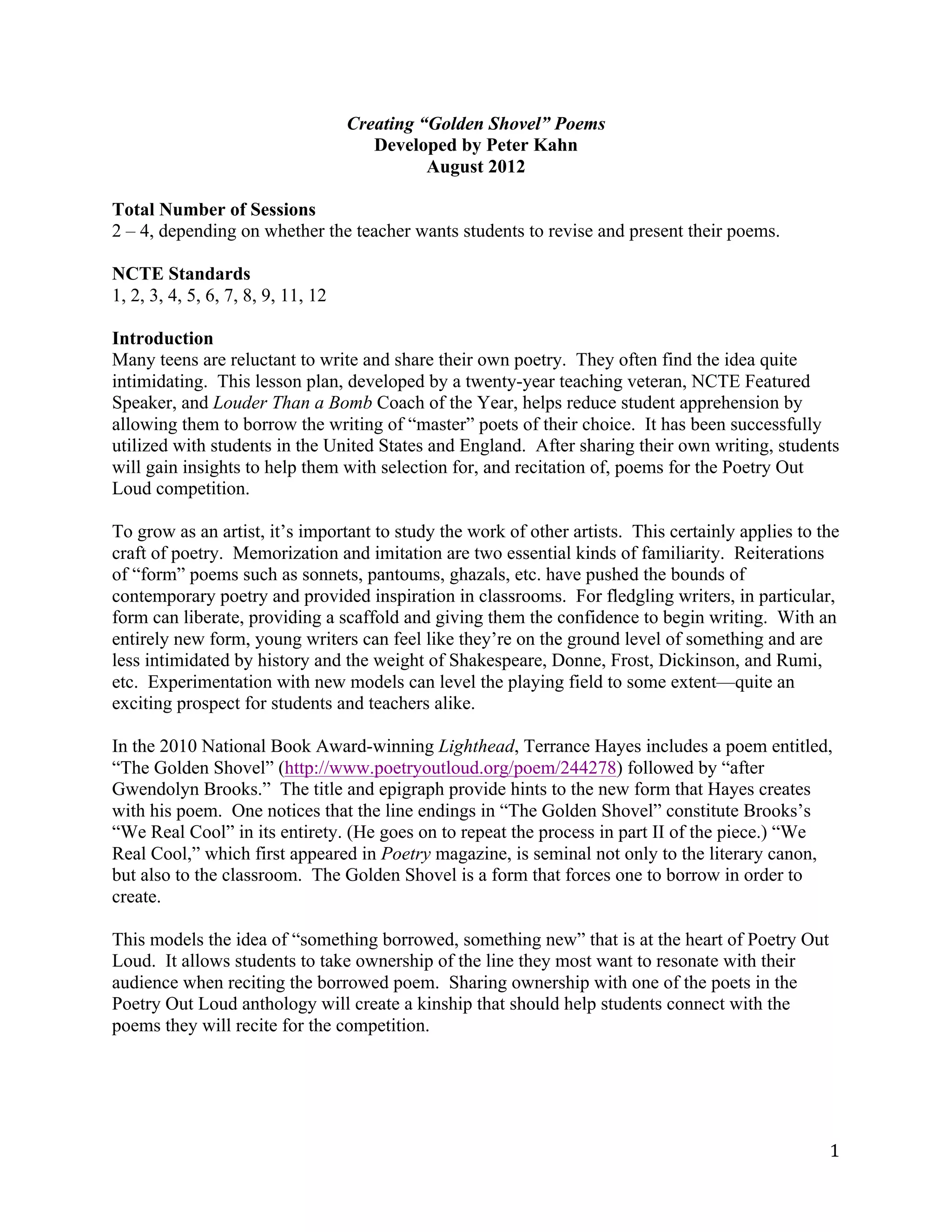 Golden shovel lesson | PDF | Poetry | Books and Literature