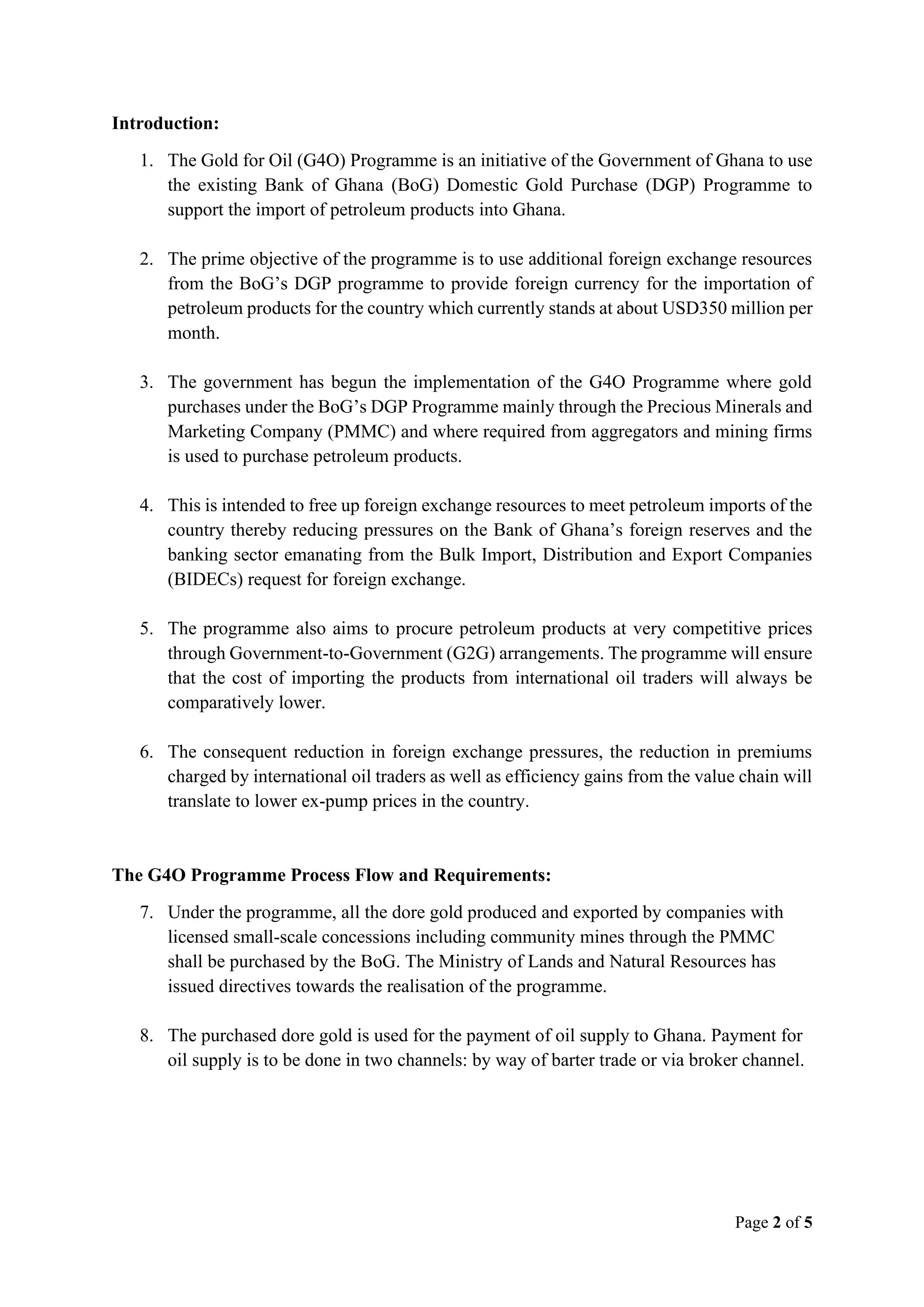 Gold for Oil Programme Framework | PDF