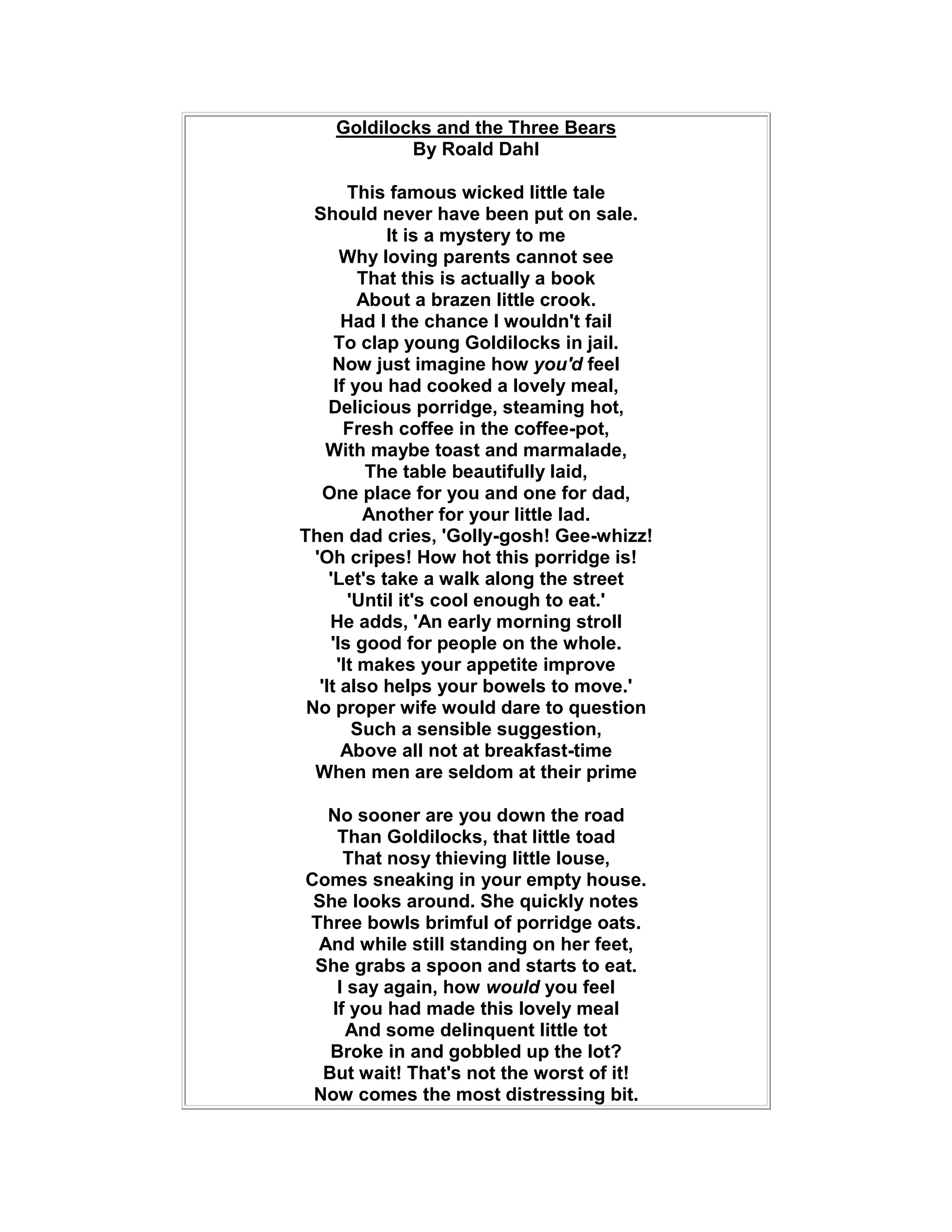 Goldilocks and the three bears for choral speaking | DOCX