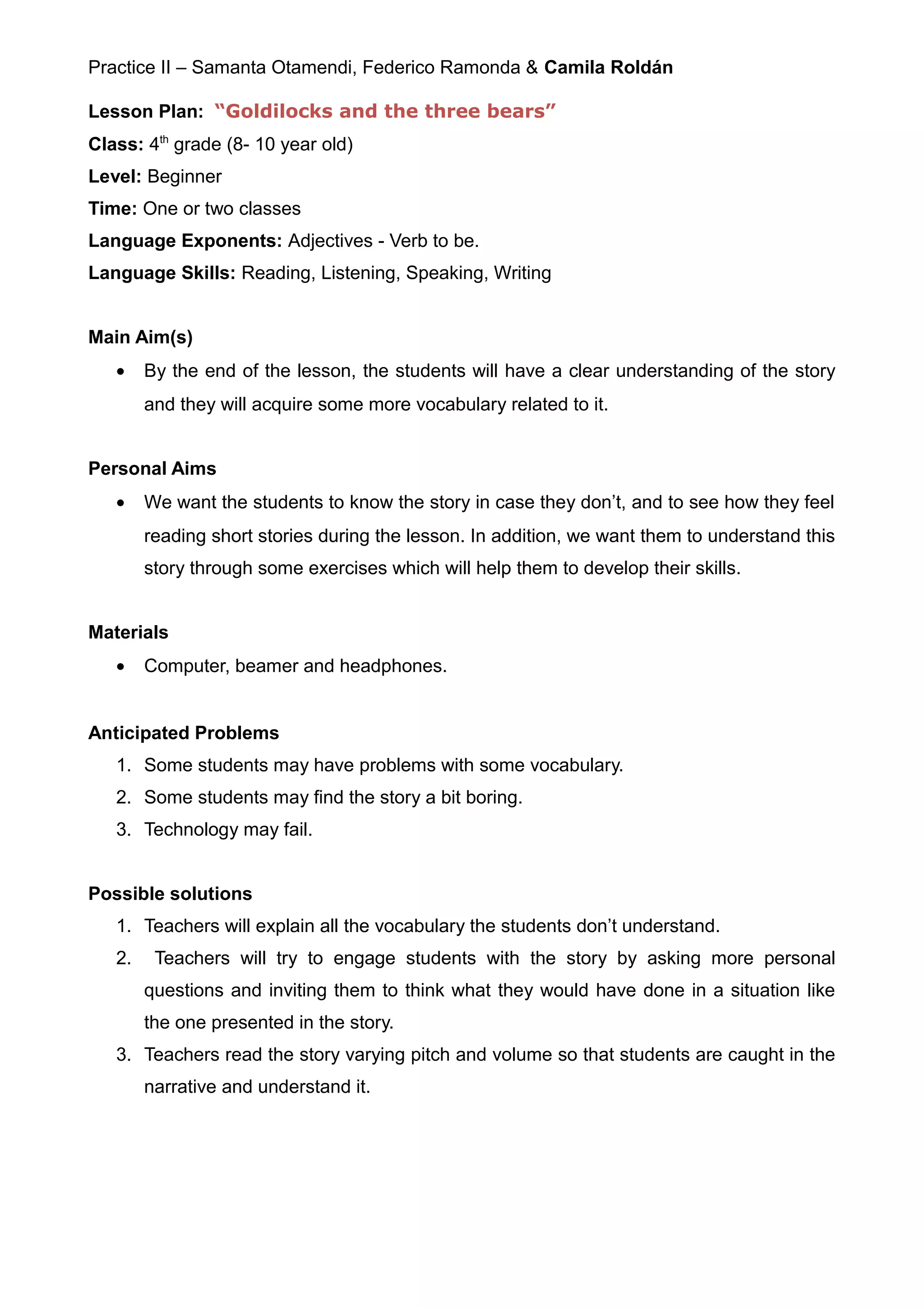 Lesson Plan: Goldilocks and the three bears | DOC