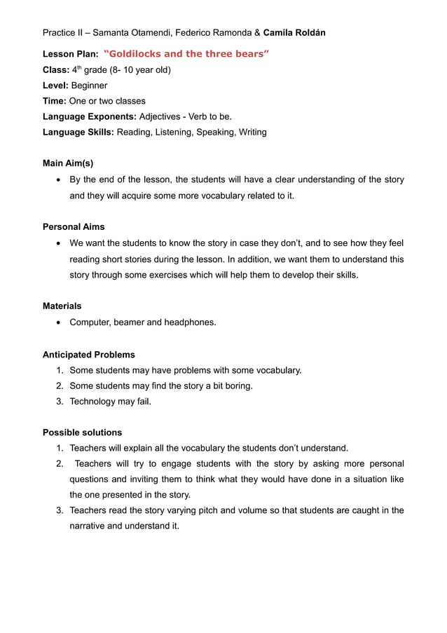 Lesson Plan: Goldilocks and the three bears | DOC