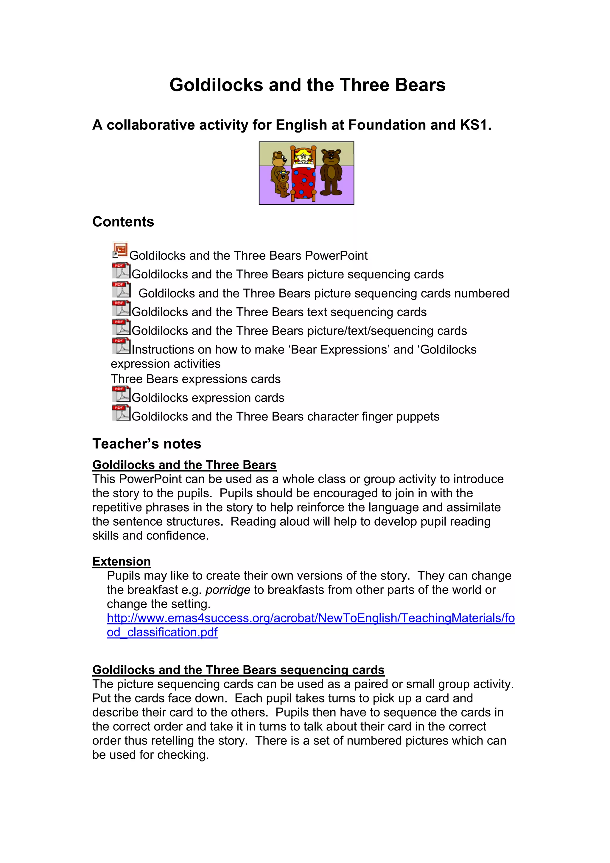 Goldilocks and three bear STORY & collaborative activity | PDF