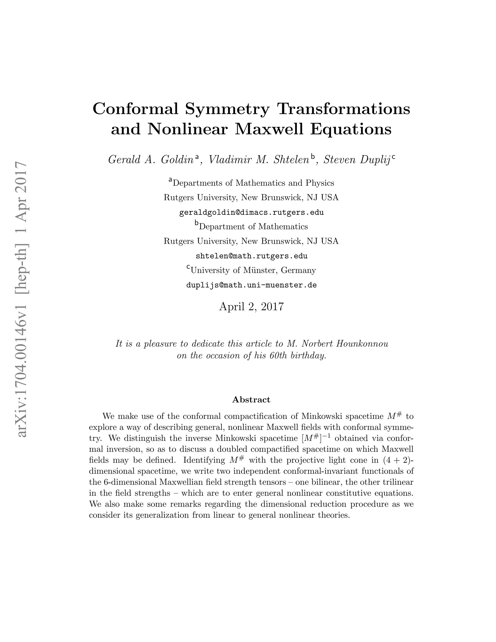 Conformal symmetry transformations and nonlinear Maxwell equations, G.A.Goldin, V.M.Shtelen, S ...