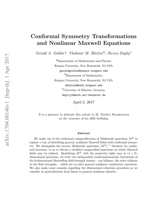 Conformal symmetry transformations and nonlinear Maxwell equations, G.A.Goldin, V.M.Shtelen, S ...