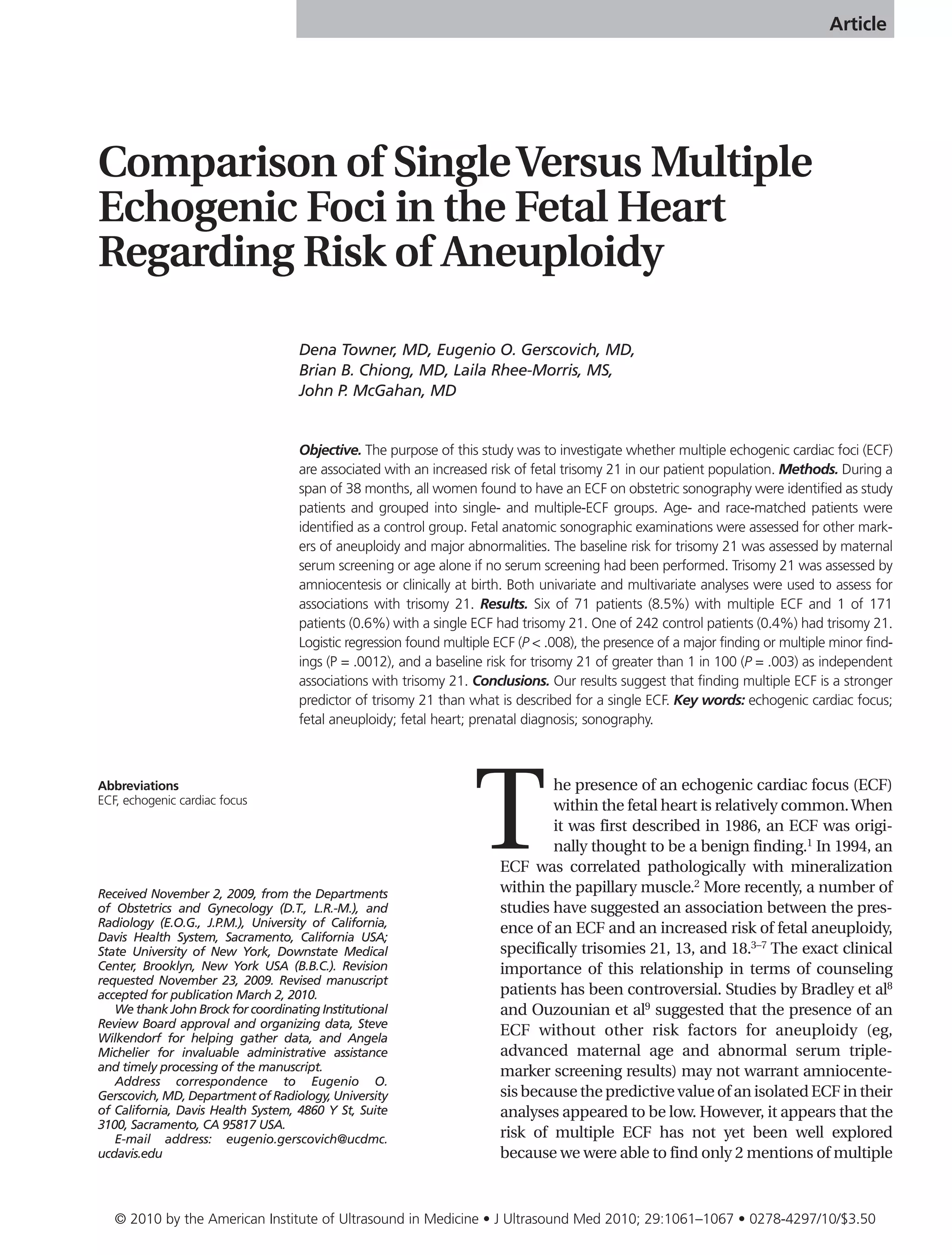 Single Versus Multiple Echogenic Foci in the Fetal Heart | PDF