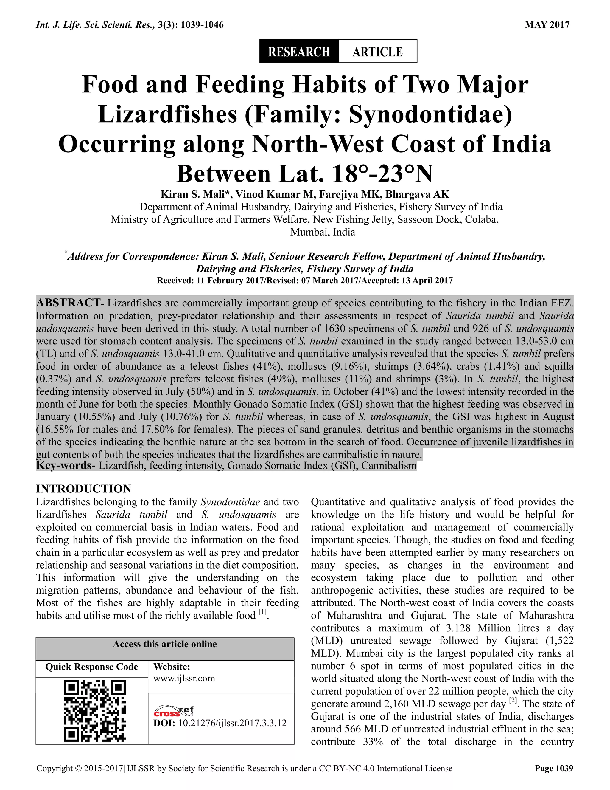 Food and Feeding Habits of Two Major Lizardfishes (Family: Synodontidae ...