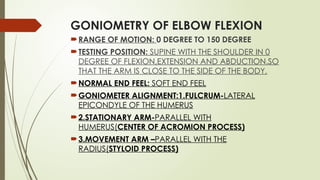 'GONIOMETRY OF ELBOW JOINT. And details how to take range of motion | PPTX
