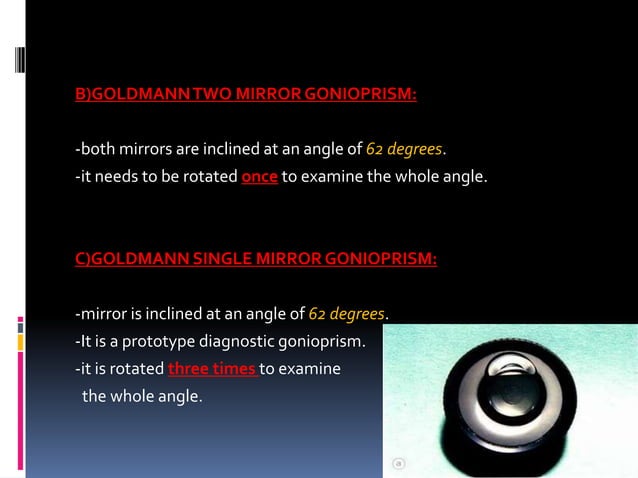 Gonioscopy: gonioscopic lenses, principle and clinical aspects | PPTX