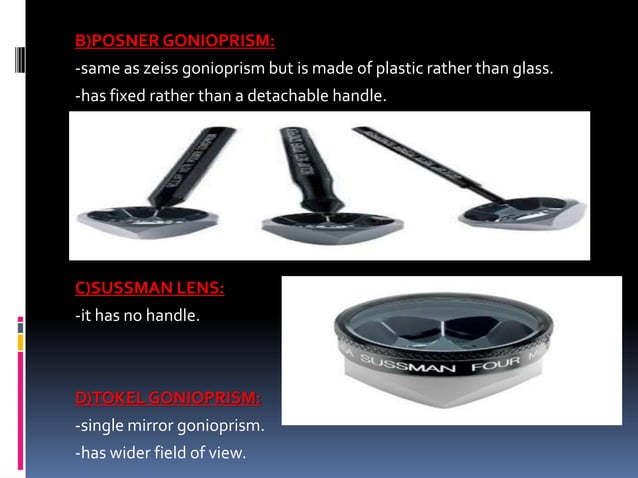 Gonioscopy: gonioscopic lenses, principle and clinical aspects | PPTX