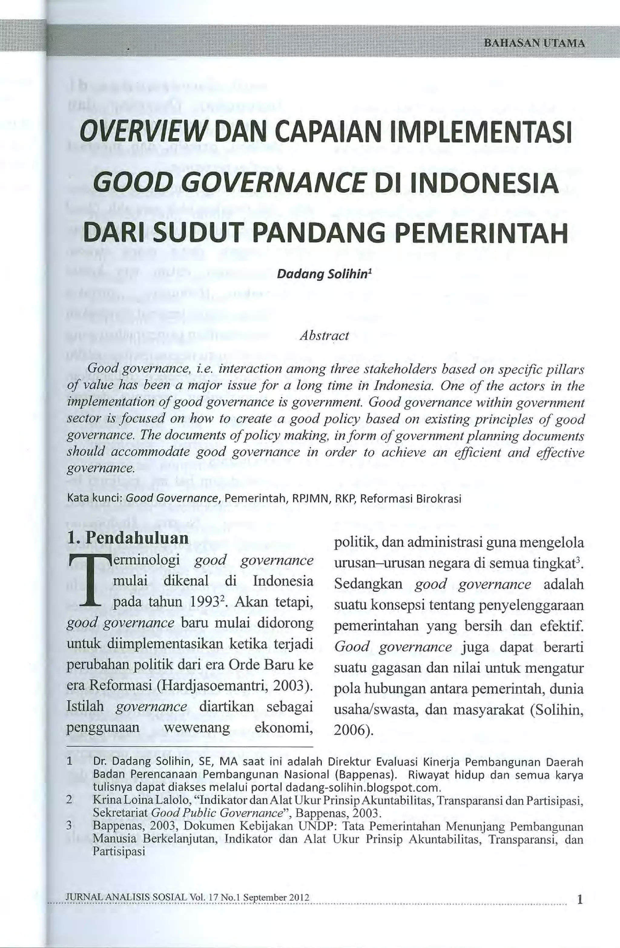 Overview dan Capaian Implementasi Good Governance di Indonesia dari Sudut Pandang Pemerintah | PDF