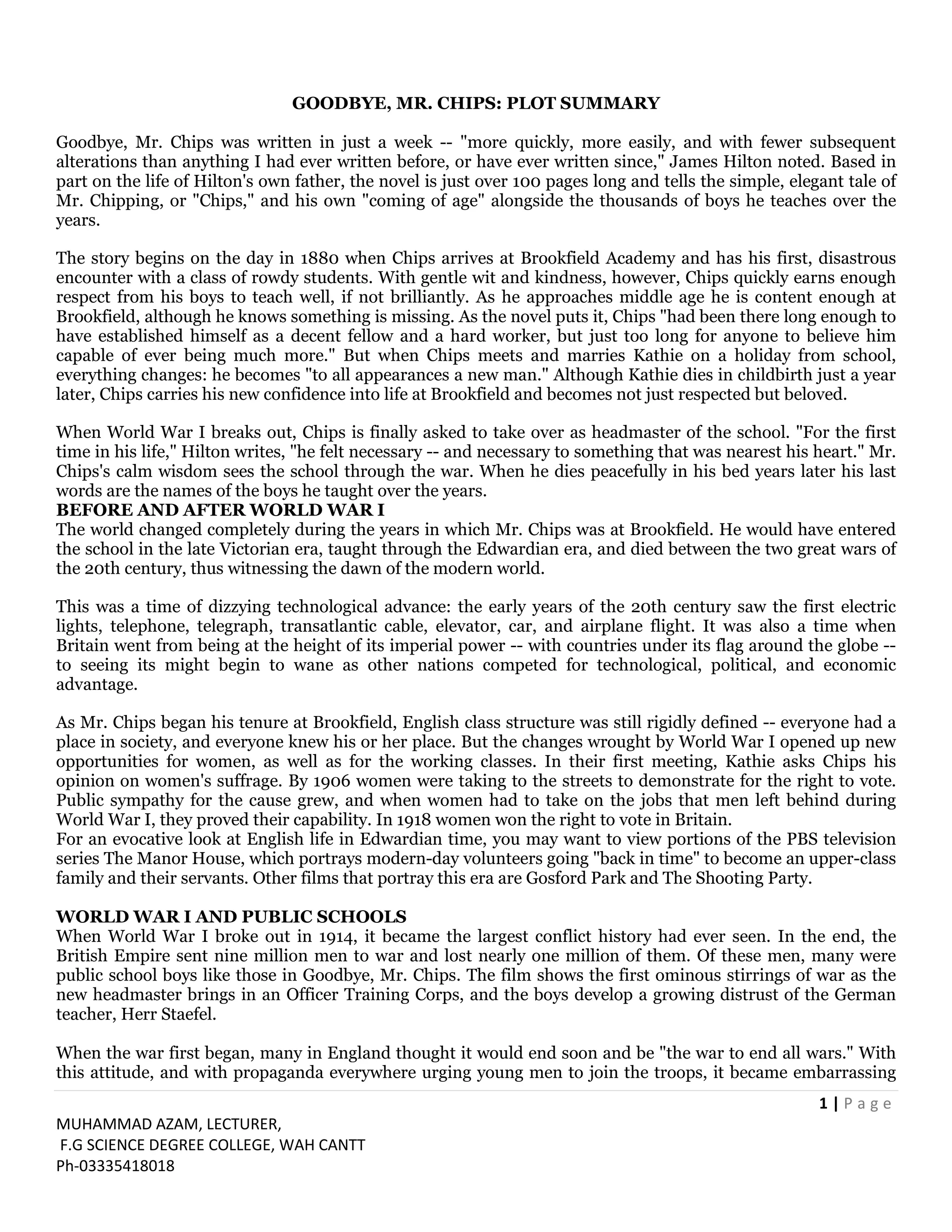 Good-bye Mr.Chips by Muhammad Azam | PDF