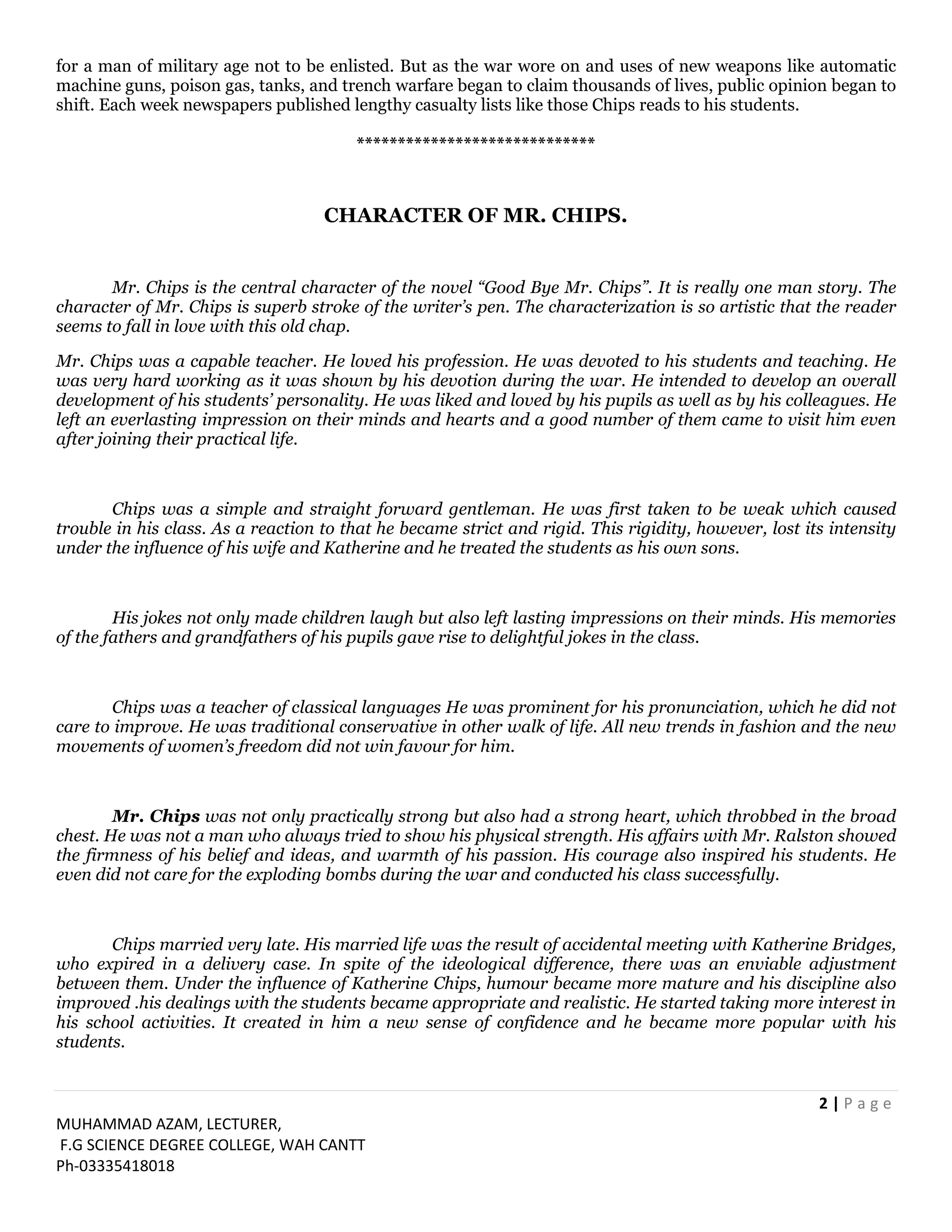 Good-bye Mr.Chips by Muhammad Azam | PDF