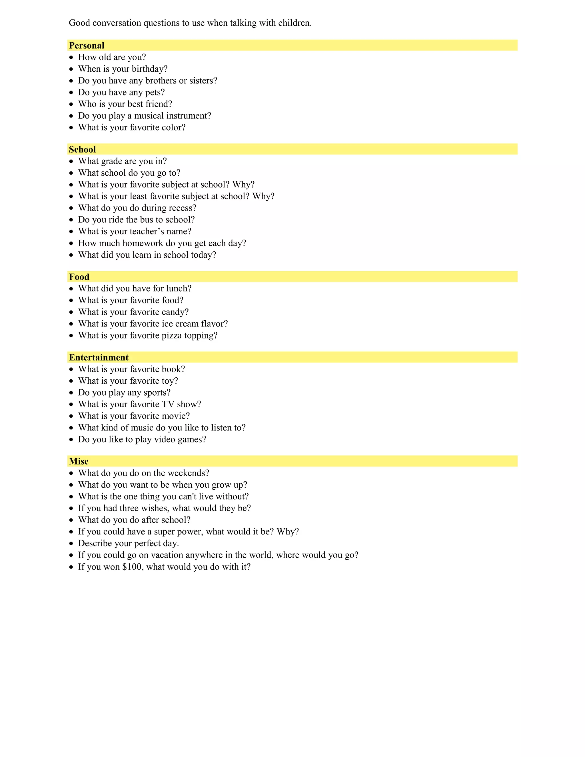 Good conversation questions to use when talking with children | PDF