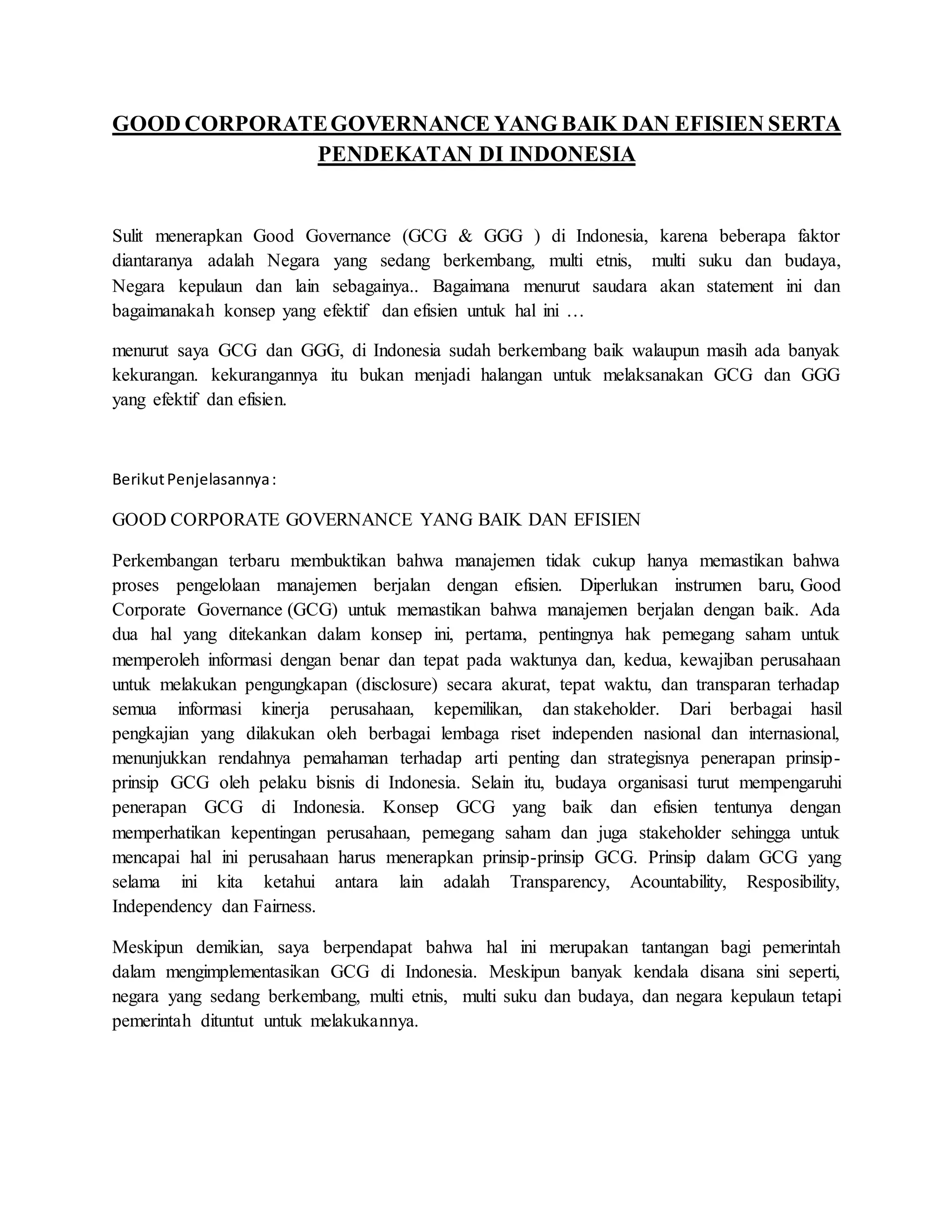 Good corporate governance yang baik dan efisien | DOCX