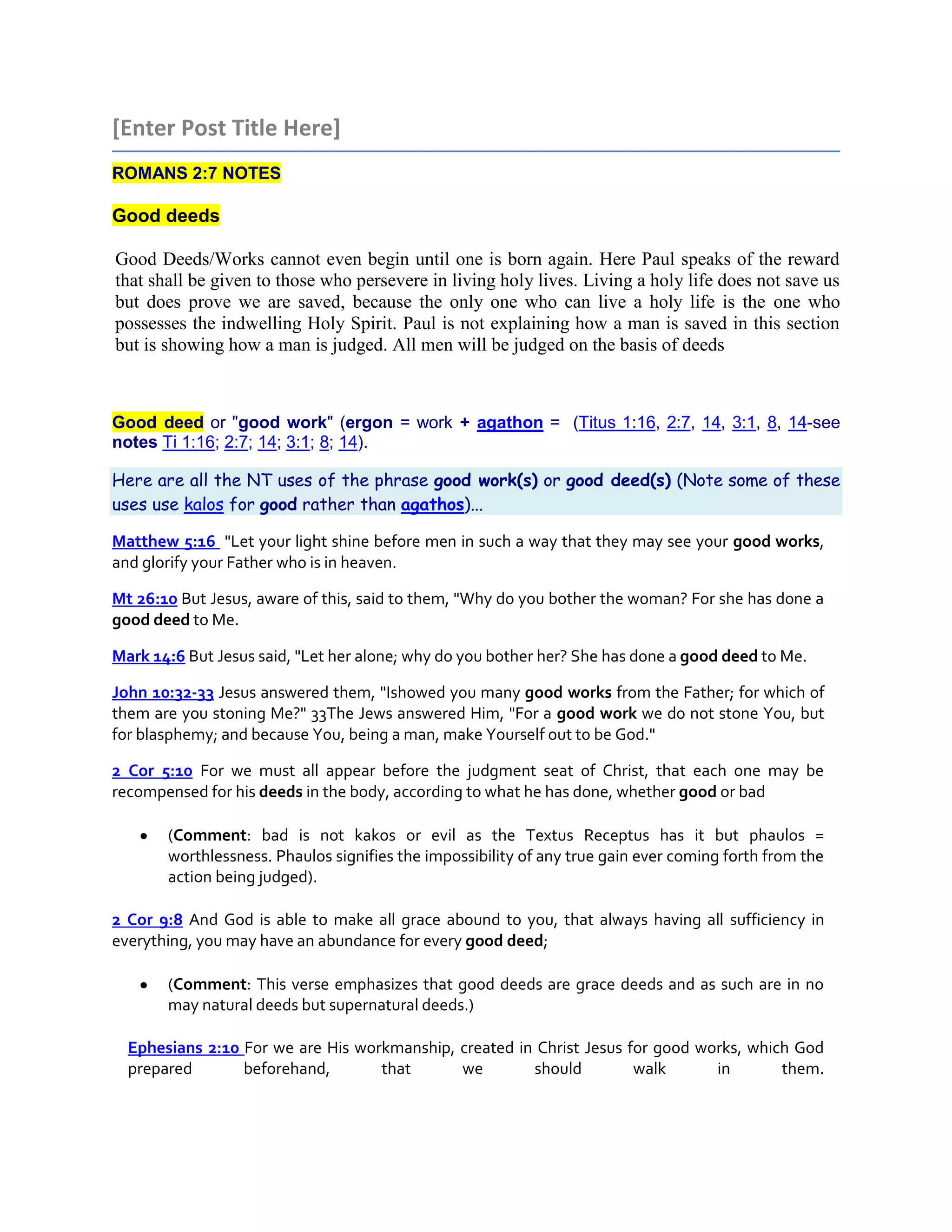 Good deeds romans 2 7 | DOCX