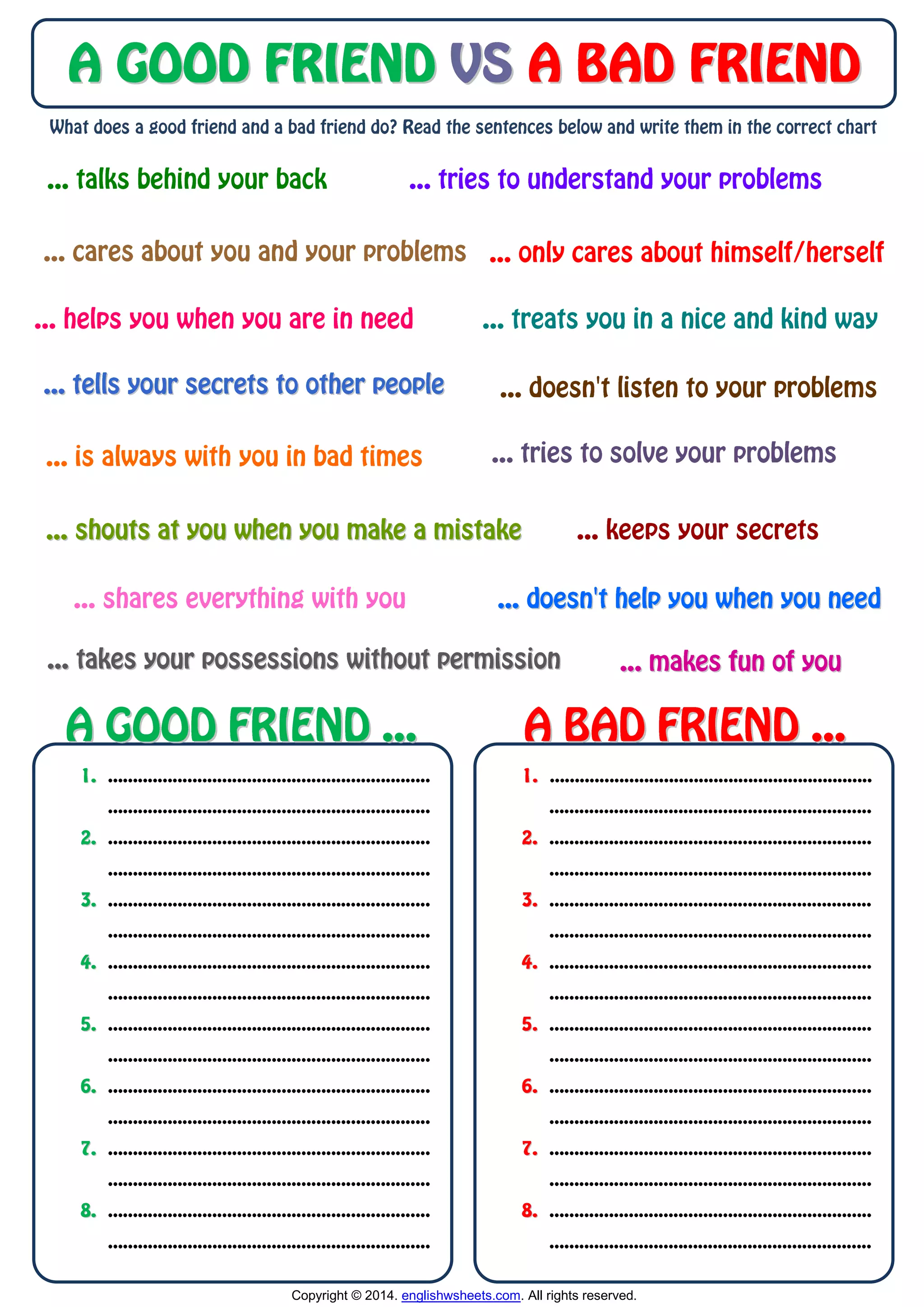 Good friend and bad friend categorizing exercise worksheet | PDF