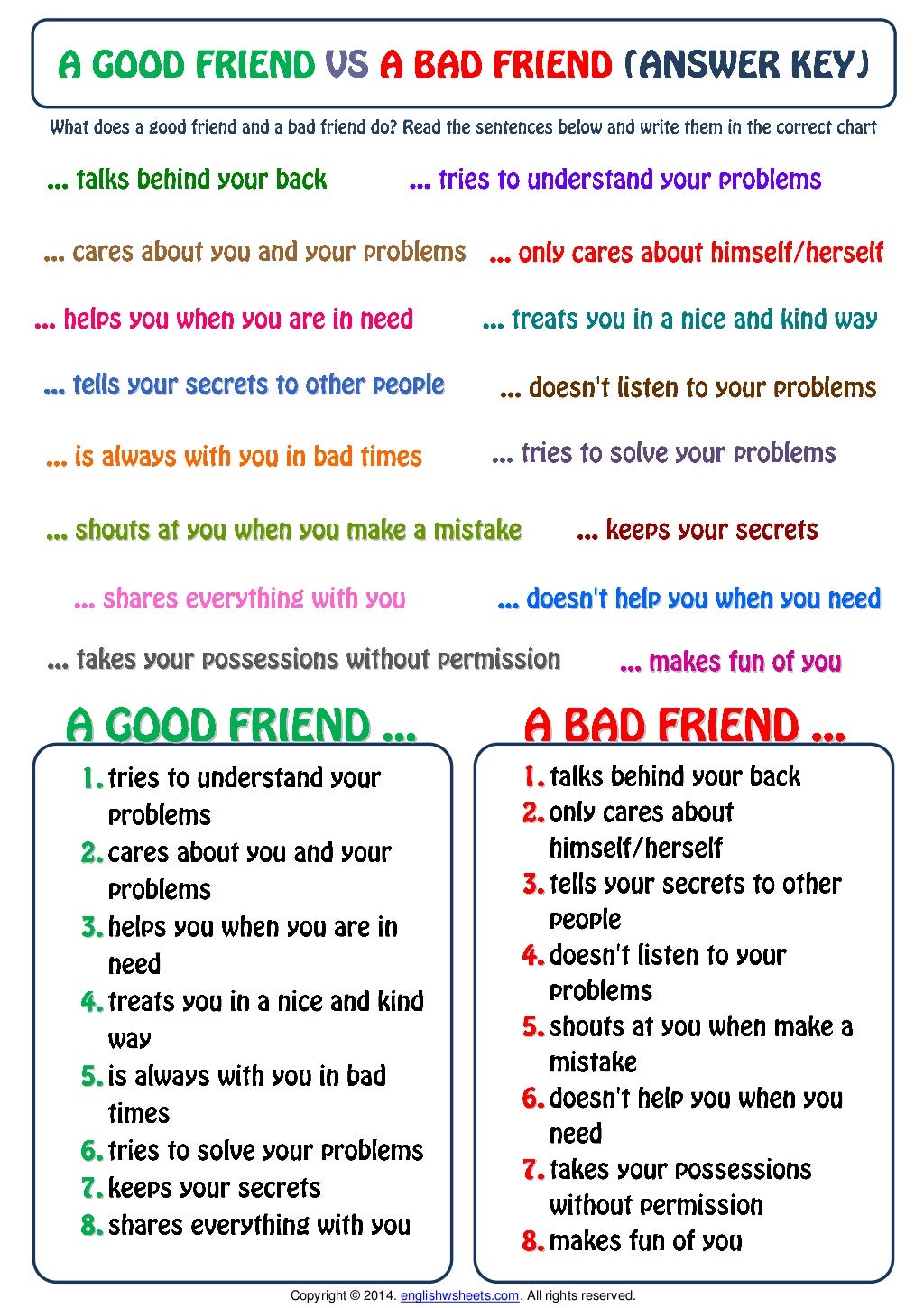 Good friend and bad friend categorizing exercise worksheet Good friend and bad friend categorizing exercise worksheet