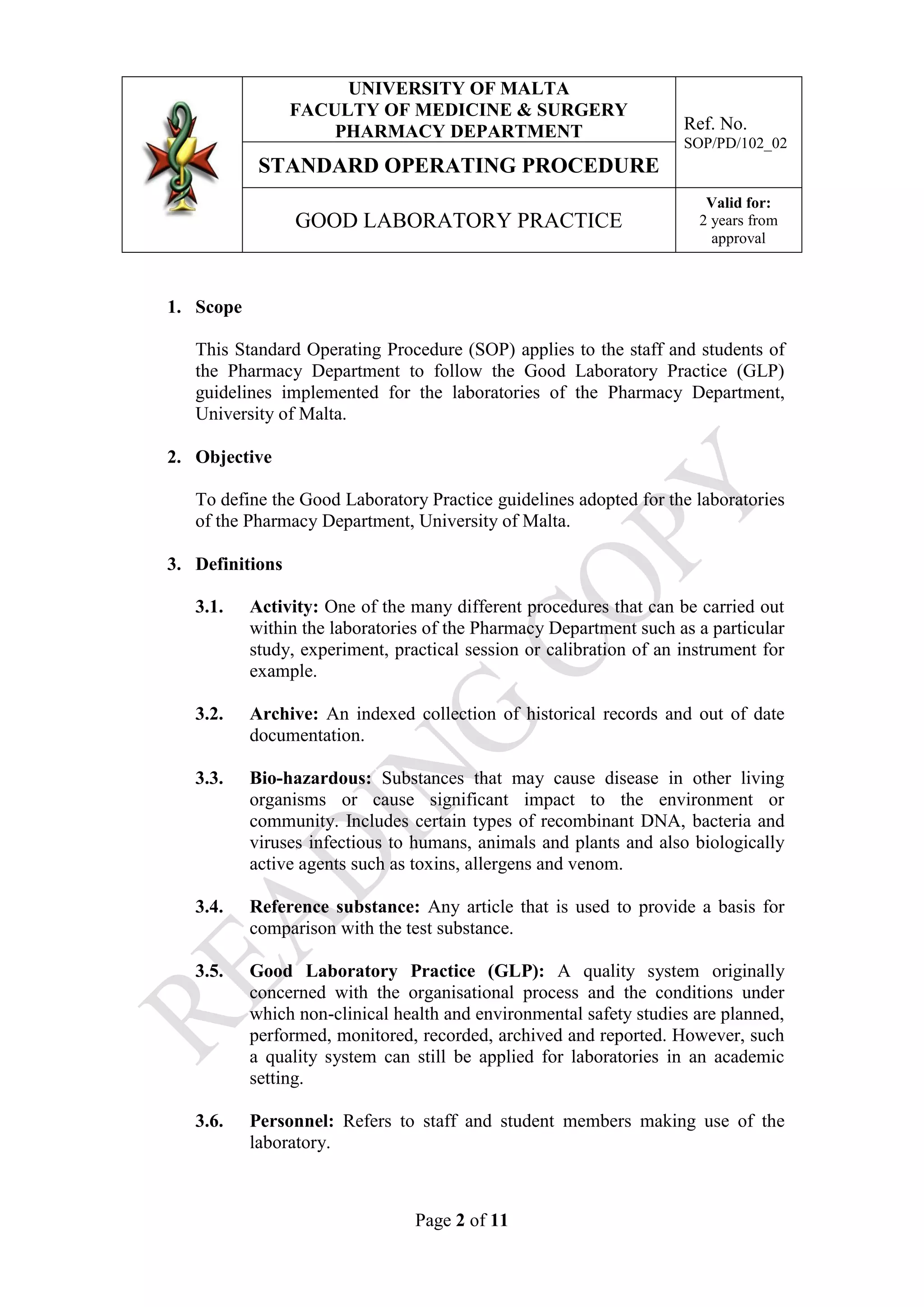 Good laboratory practice SOP | PDF