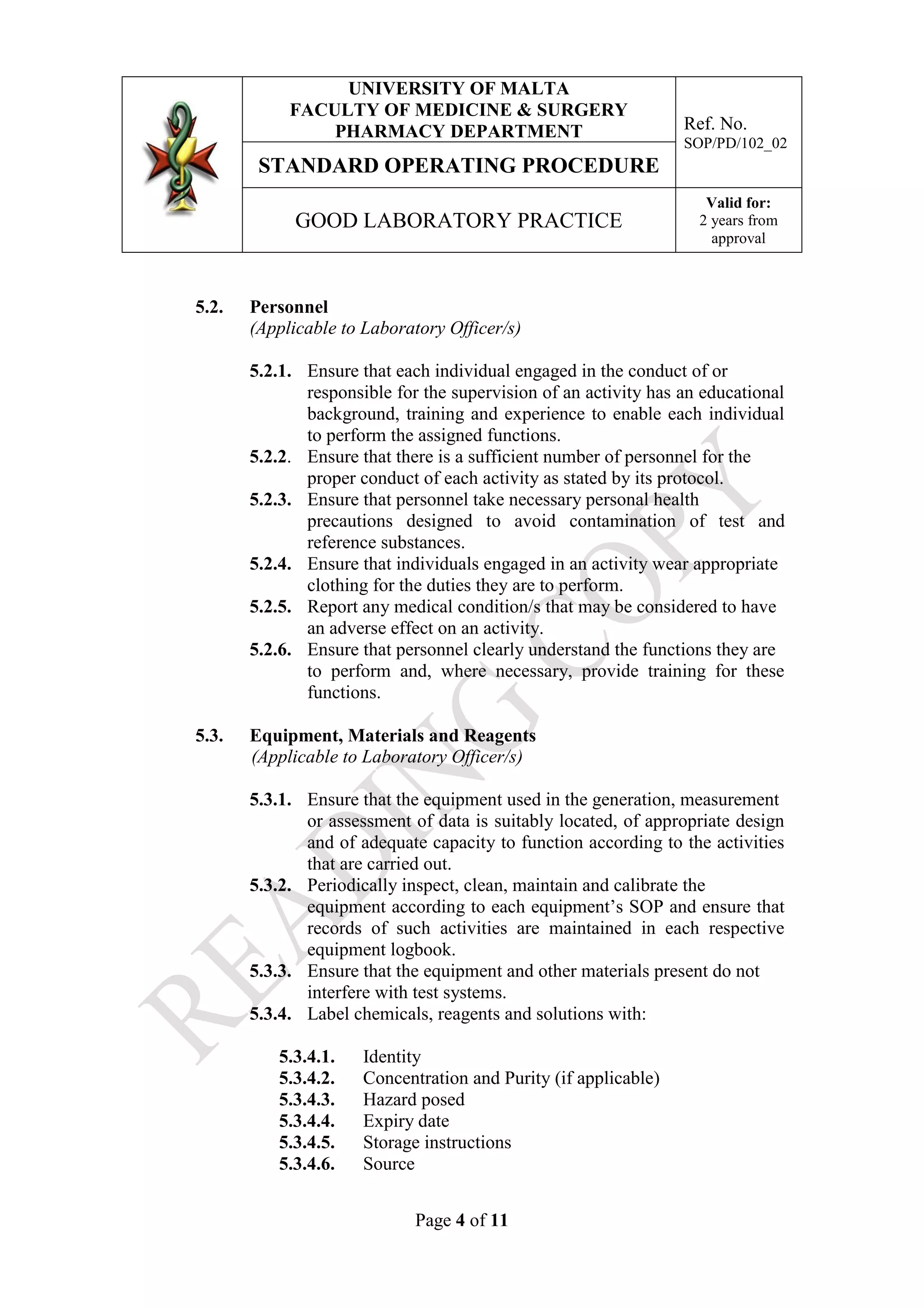 Good laboratory practice SOP | PDF
