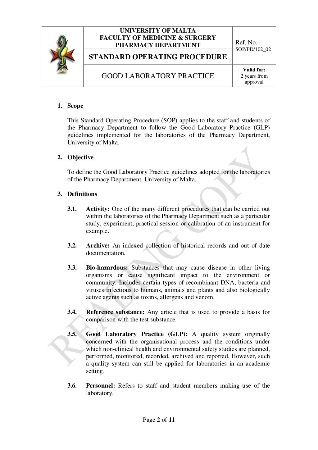 Good laboratory practice SOP