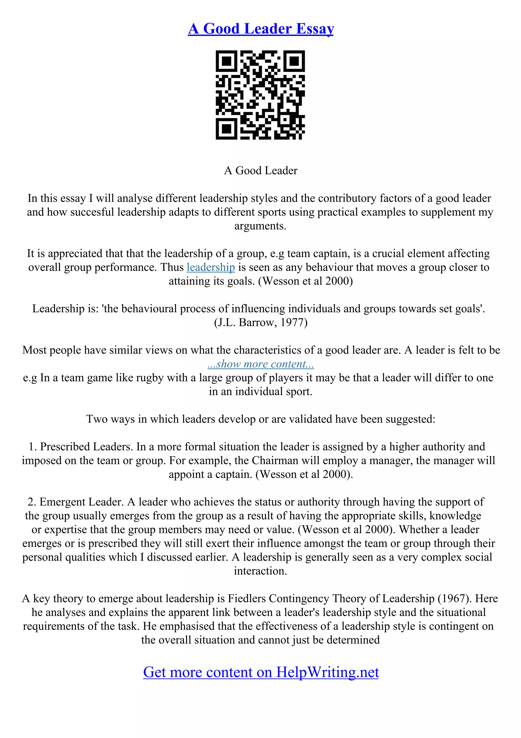 Good Leadership Essay | PDF | Executive Leadership & Management | Business