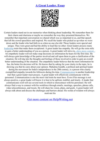 Good Leadership Essay | PDF | Executive Leadership & Management | Business