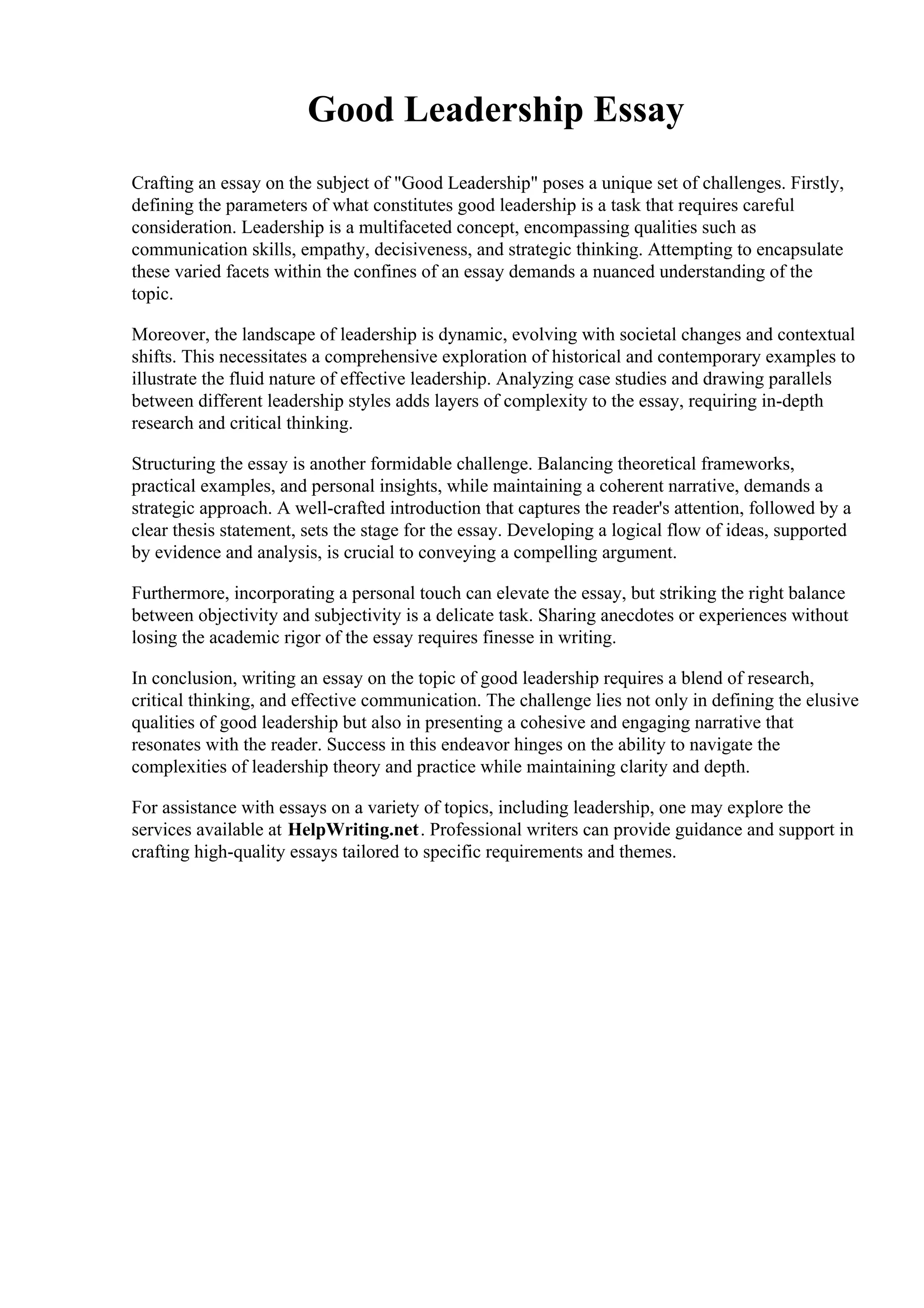 Good Leadership Essay.pdfGood Leadership Essay | PDF