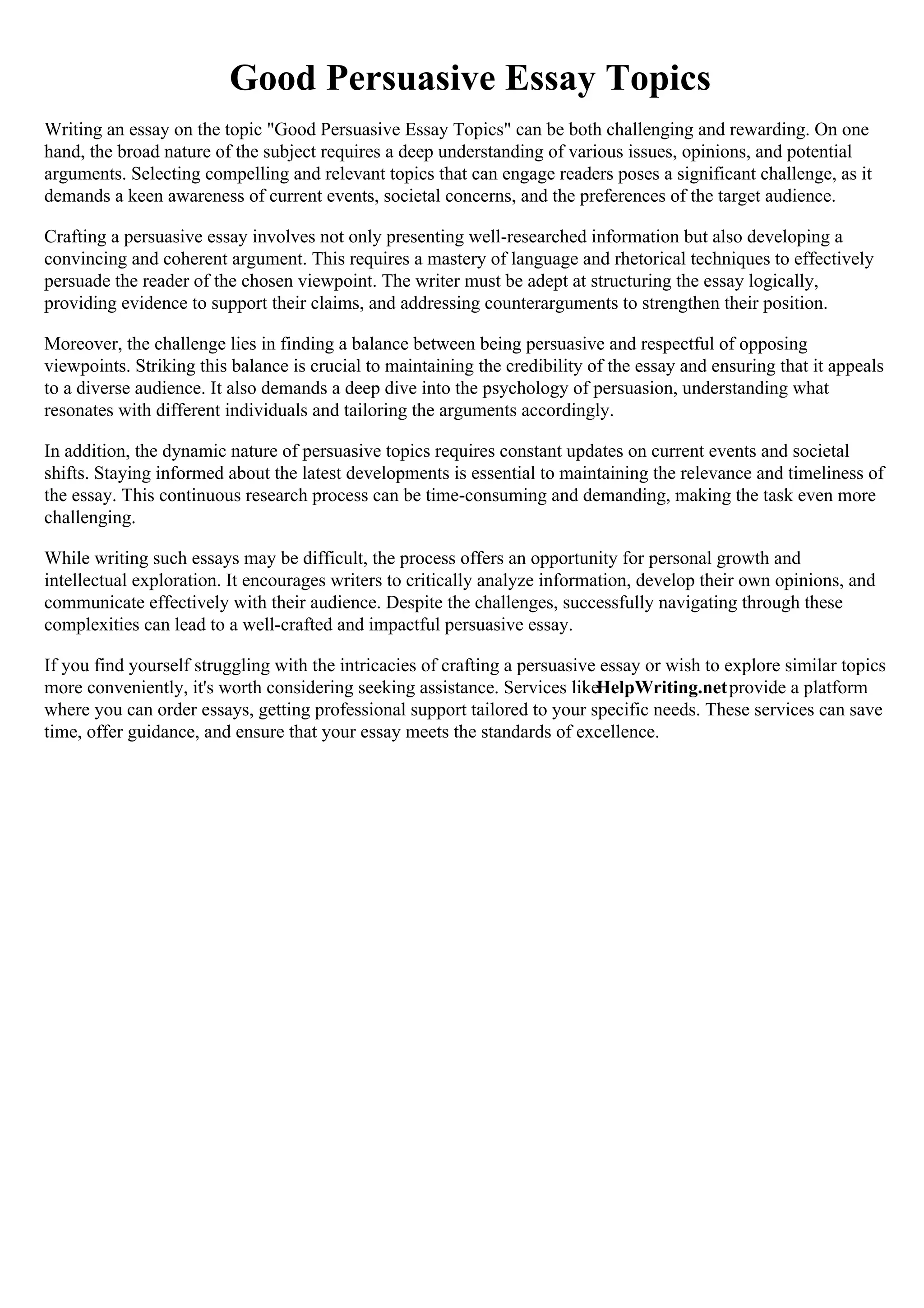 Good Persuasive Essay Topics | PDF