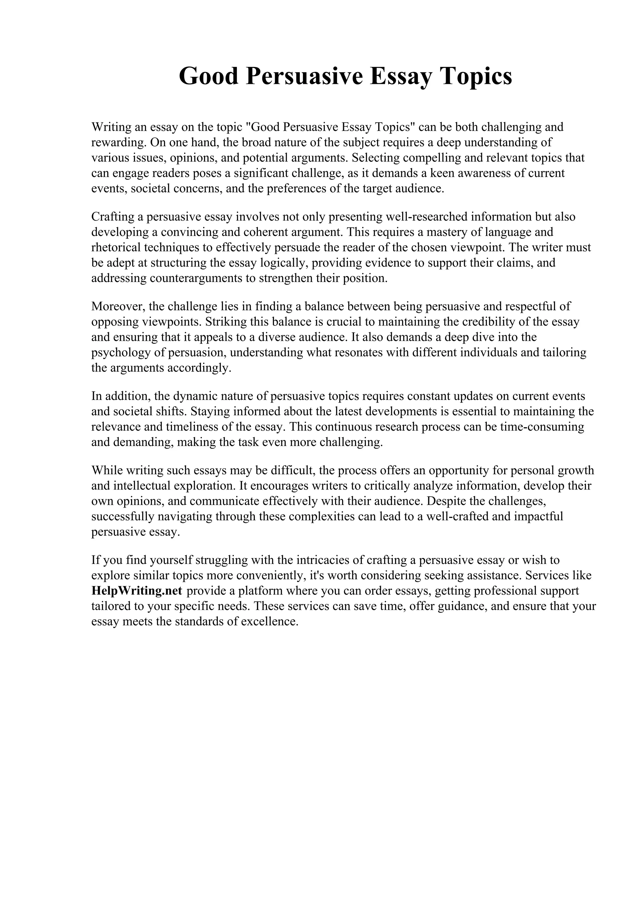 Good Persuasive Essay Topics. Marywood University | PDF