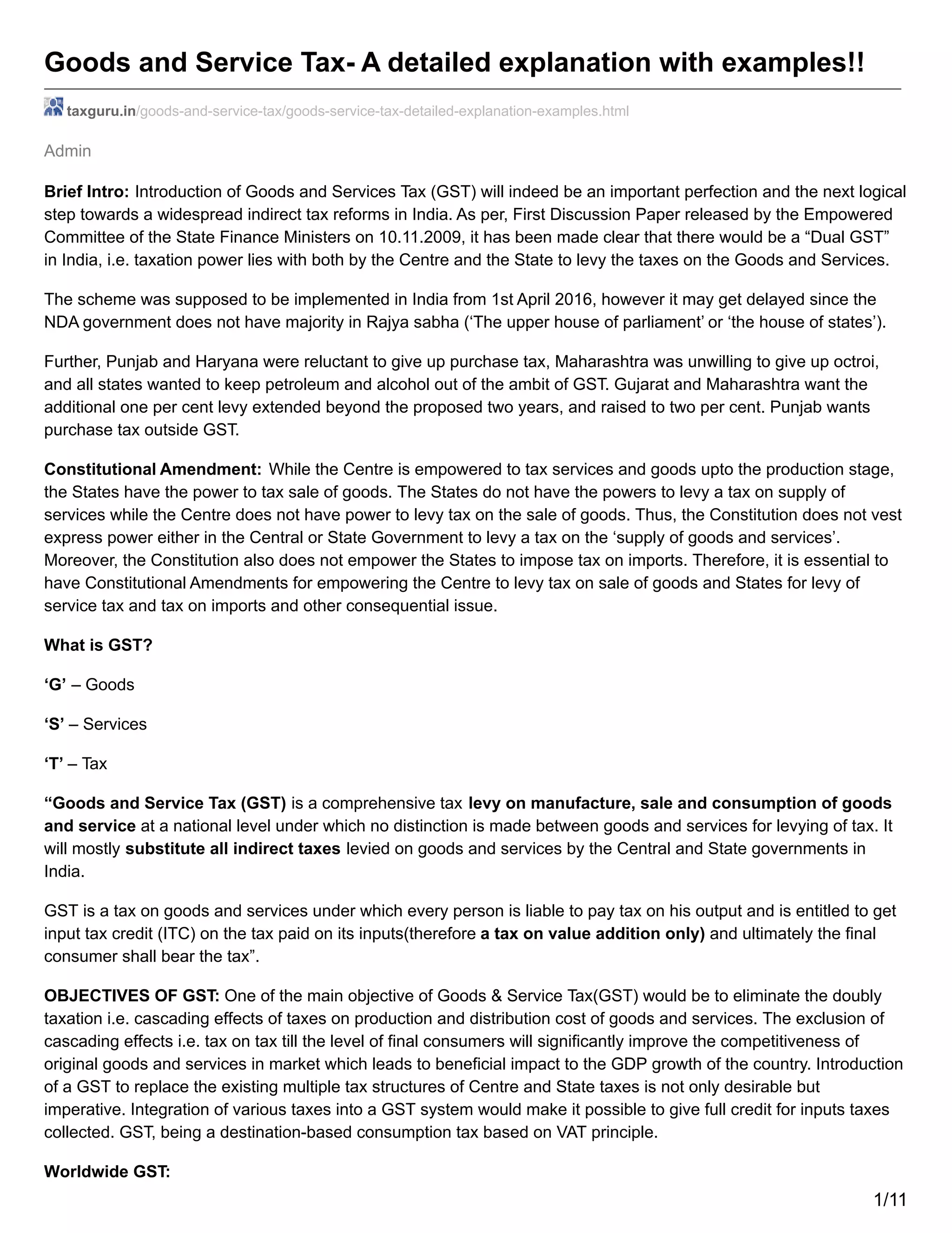 Goods and service tax - GST- A detailed explanation with examples | PDF