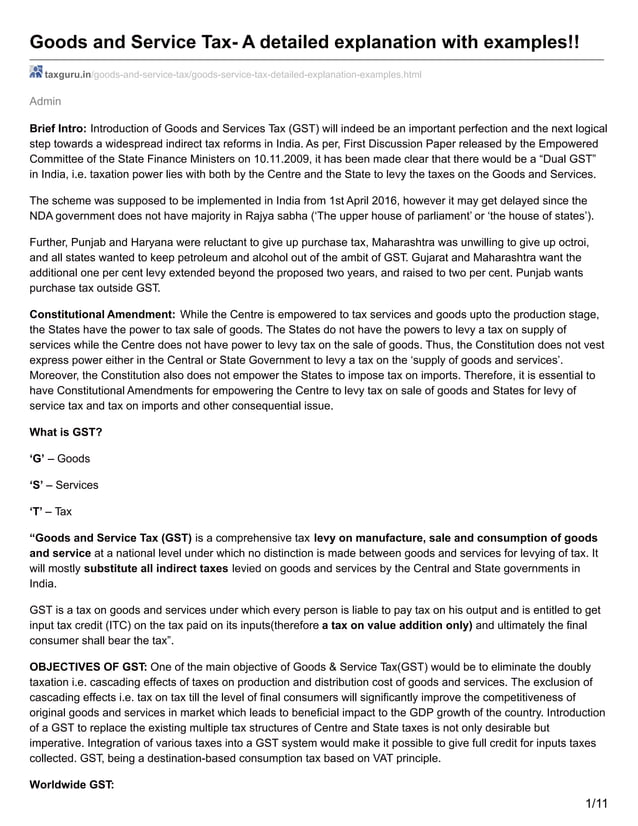 Goods and service tax - GST- A detailed explanation with examples | PDF