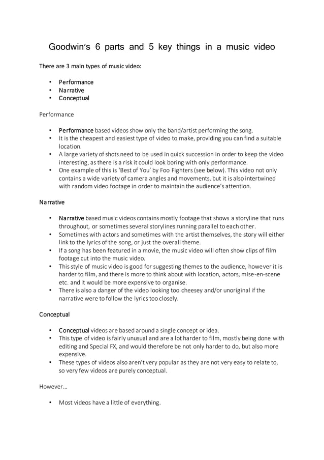 Goodwin’s 6 parts and 5 key things in a music video | DOCX