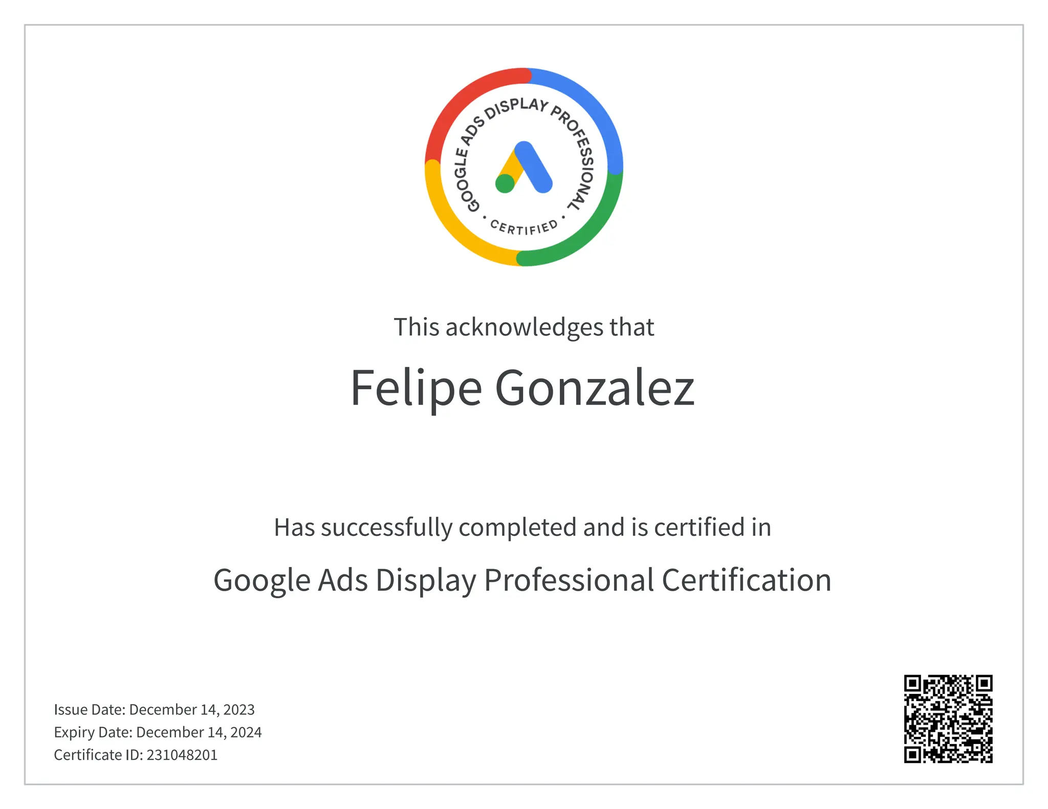 Google Ads Display Professional Certification Felipe Gonzalez Varas | PDF