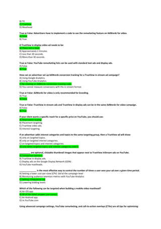 Google AdWords Video Advertising Exam Questions and Answers | PDF