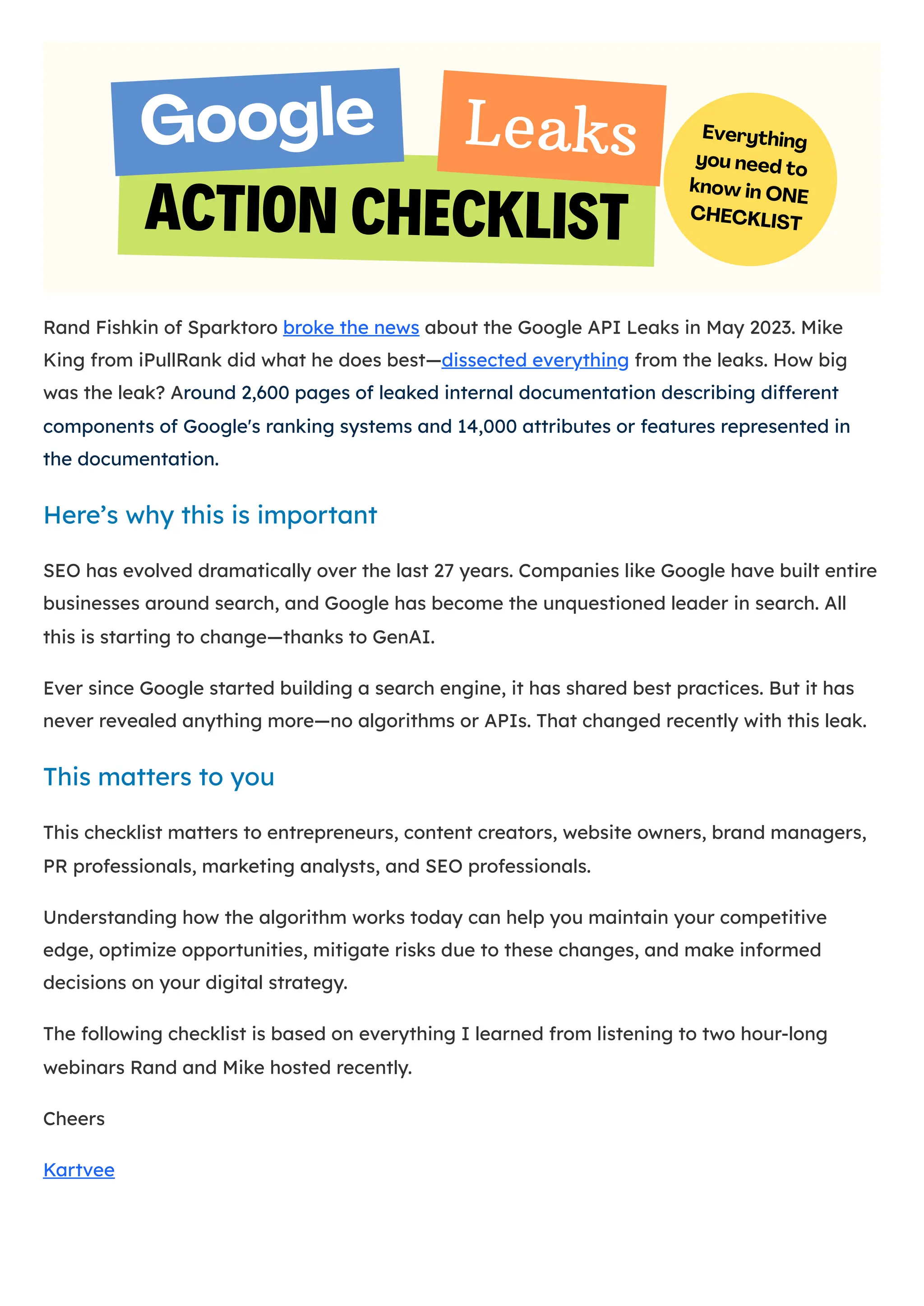 Google Algorithm Leaks Checklist for SEO | PDF