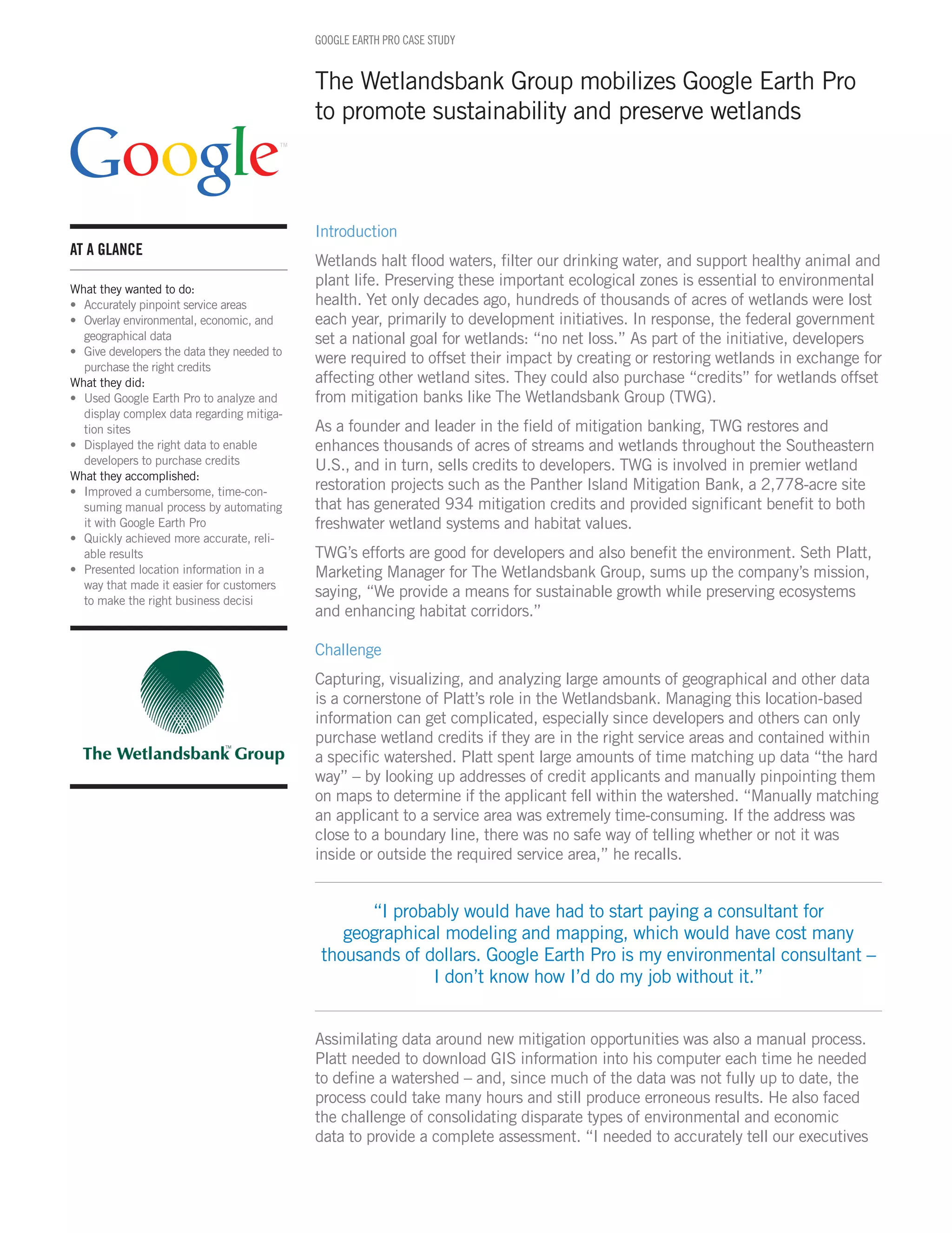 Google Earth Pro Case Study: The Wetlandsbank Group & Seth Platt | PDF