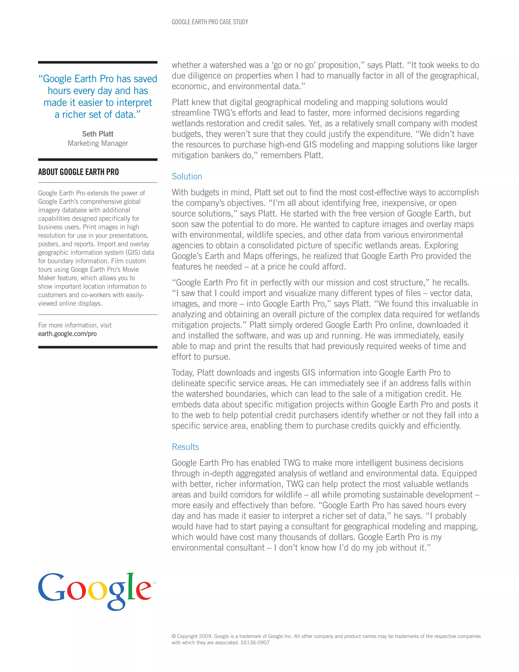 Google Earth Pro Case Study: The Wetlandsbank Group & Seth Platt | PDF