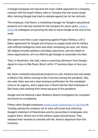 Google Employee Who Played Key Role in Protest of Contract With Israel ...