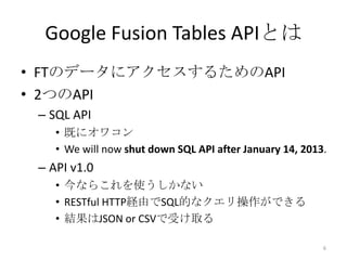 Google fusion tables api v1.0 tips | PPTX | Databases | Computer Software and Applications