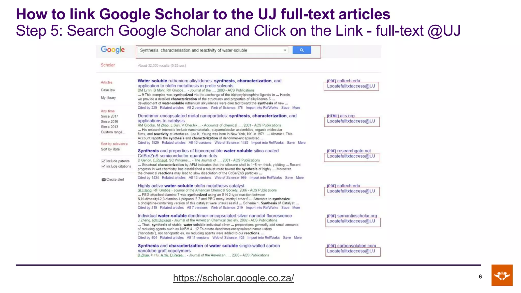 How to link Google Scholar to the UJ Full-Text Online Articles | PPTX